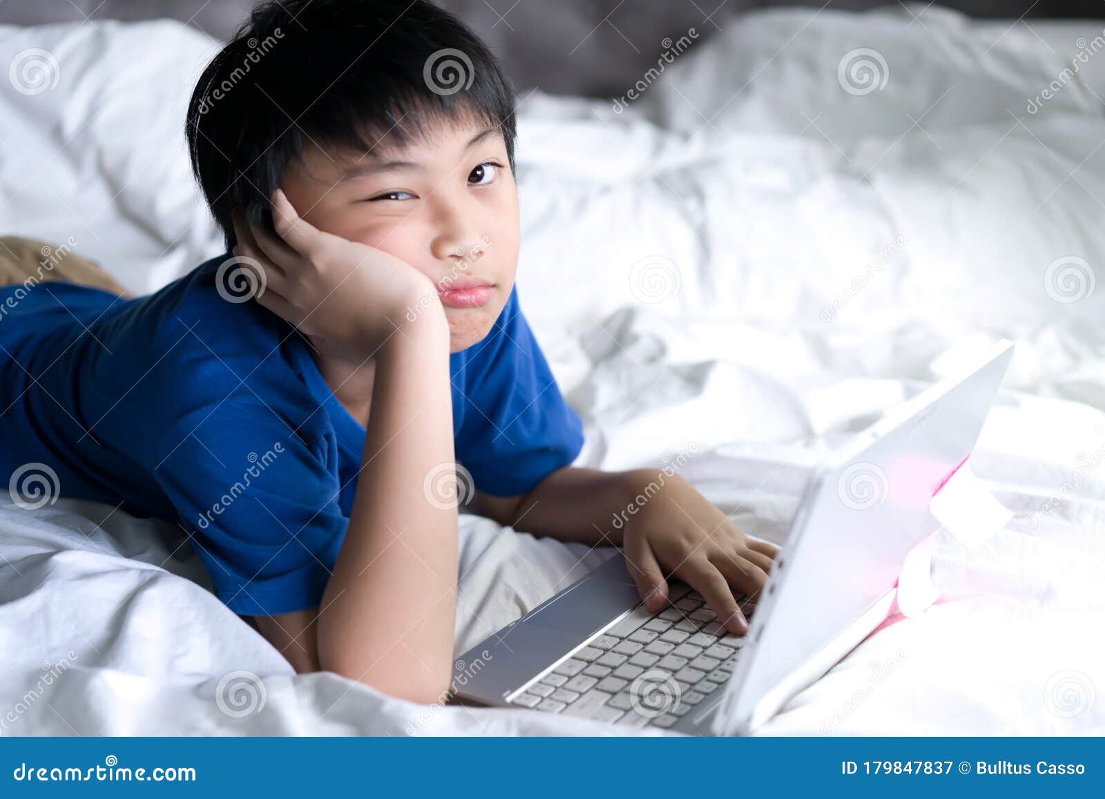 A Boys Tired of Online Learning at Home Stock Image - Image of home ...