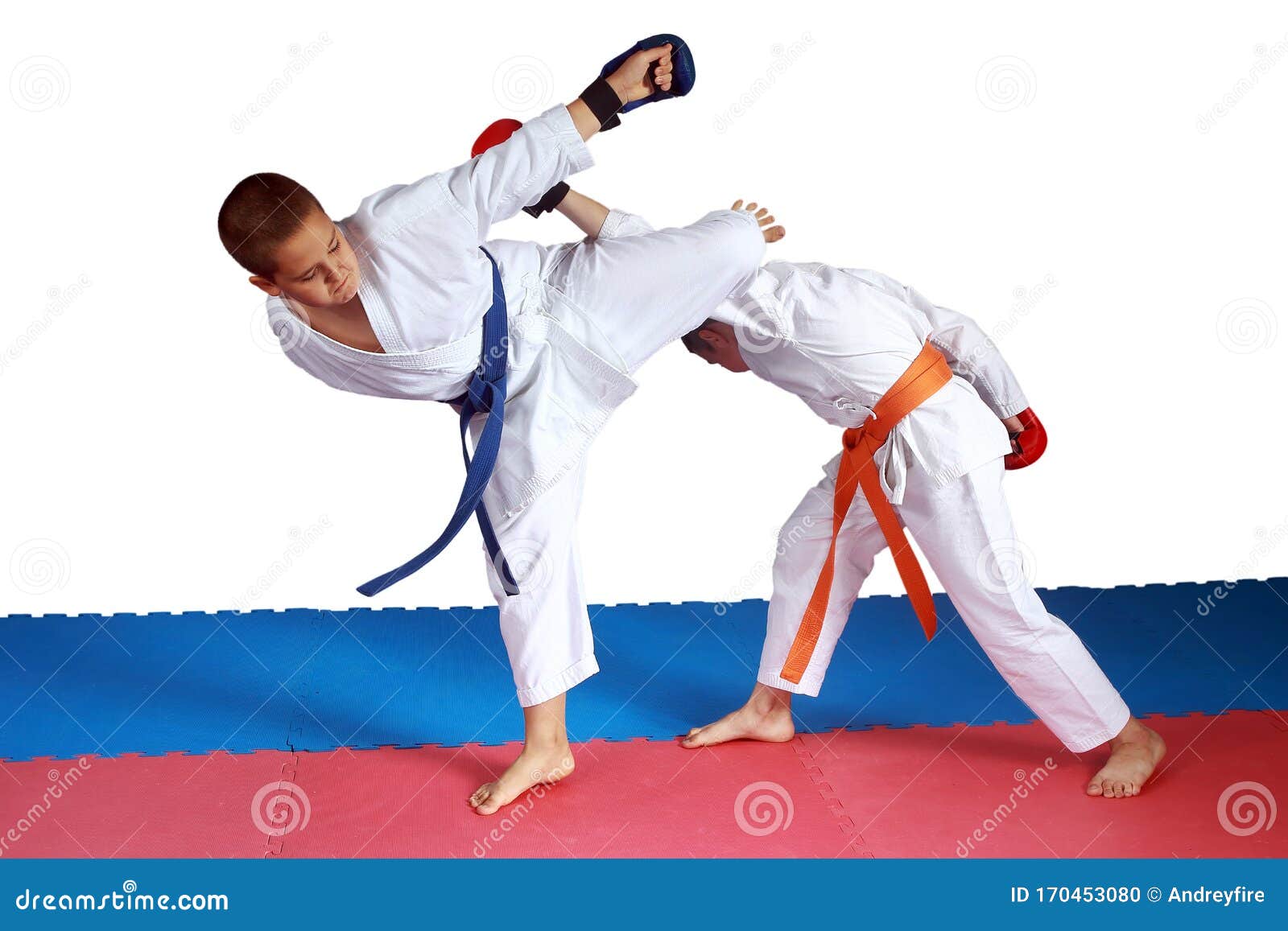 Boys are Training Blows Karate on Red and Blue Mat Stock Photo - Image ...