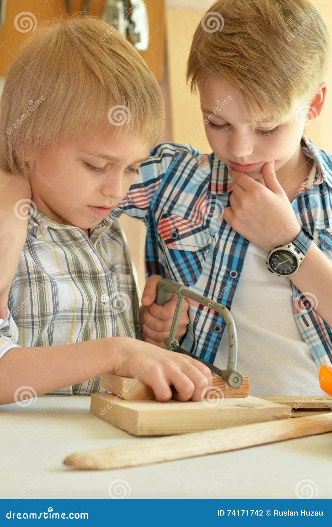 Boys Working with Wood in Workshop Stock Photo - Image of boyhood ...