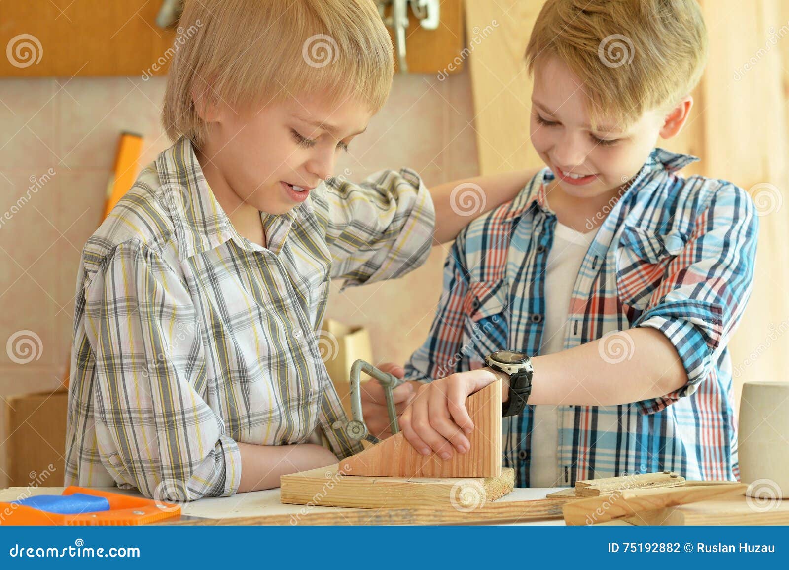Boys Working with Wood in Workshop Stock Photo - Image of manual ...