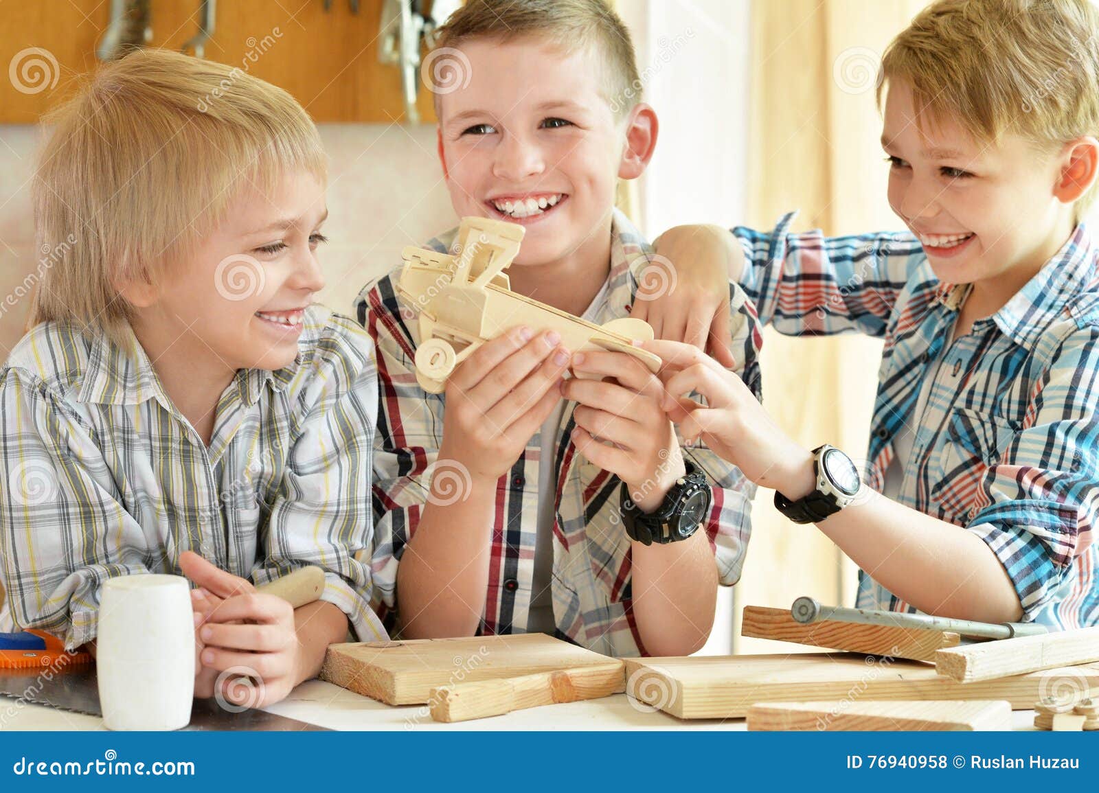 Boys Working with Wood in Workshop Stock Photo - Image of boyhood, home ...
