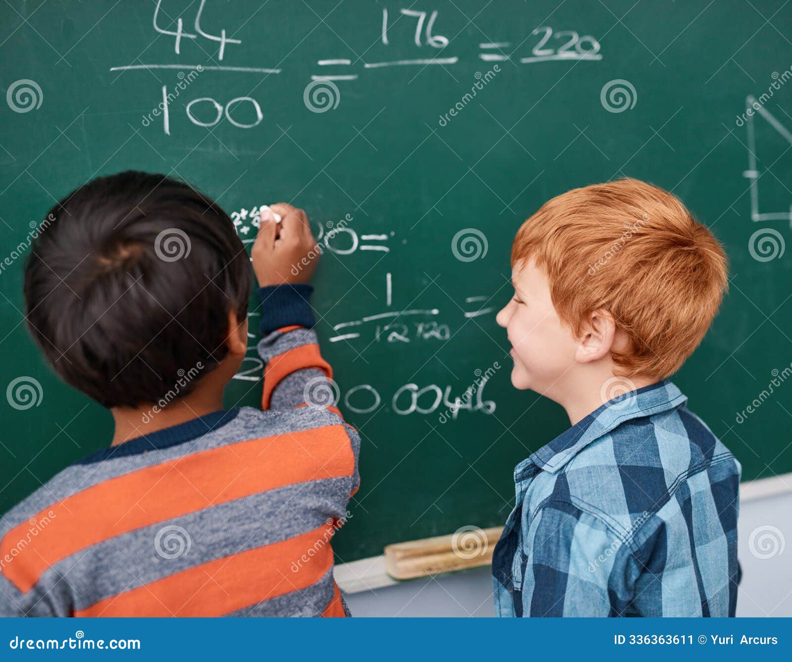 Boys, Writing and Mathematics with Chalkboard in Classroom for ...