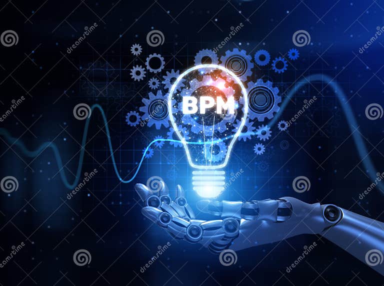 BPM Business Process Management Illustrated with a Robot Hand Pressing ...