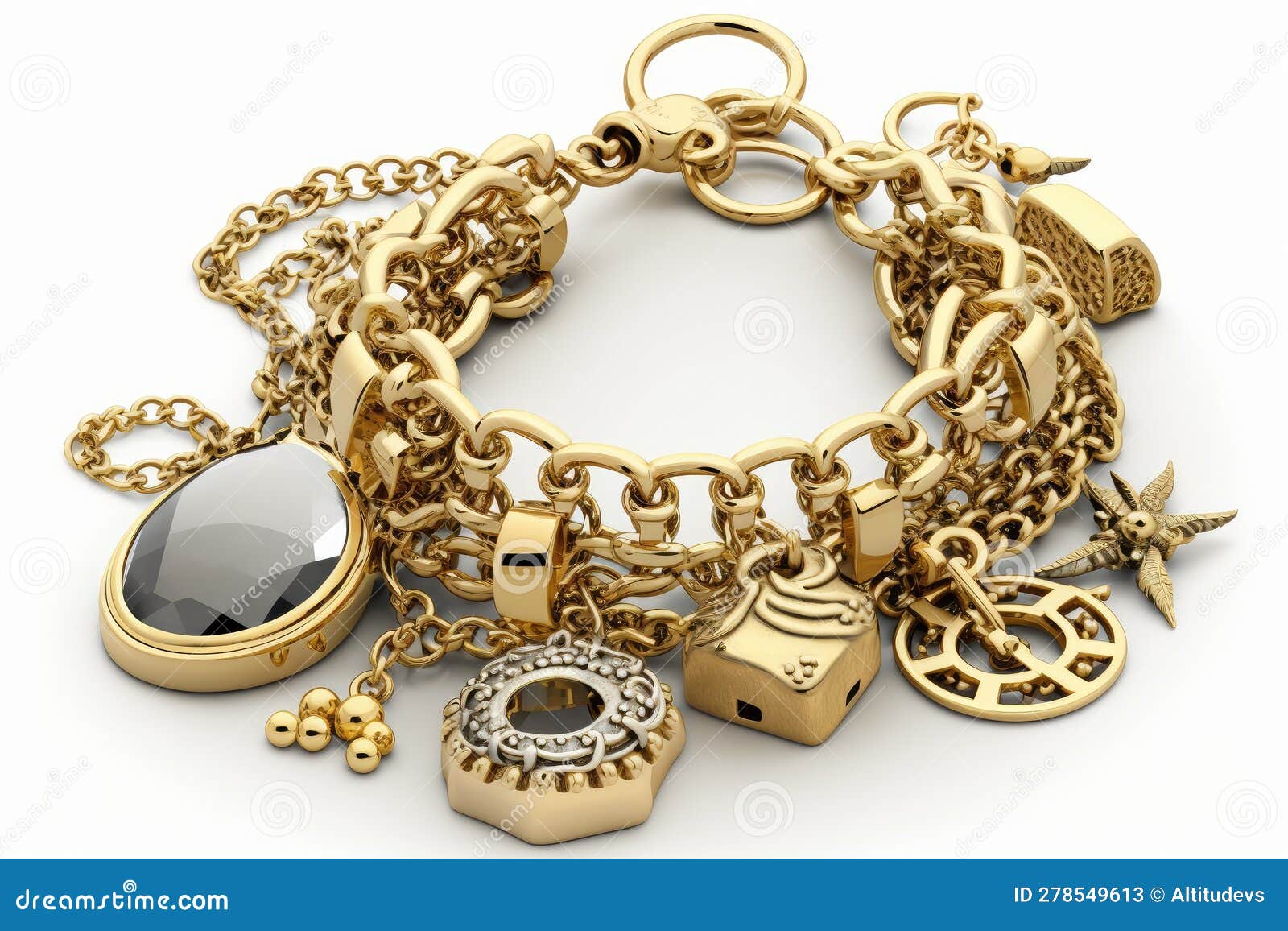 Bracelet with Chain and Golden Charms on White Background Stock ...