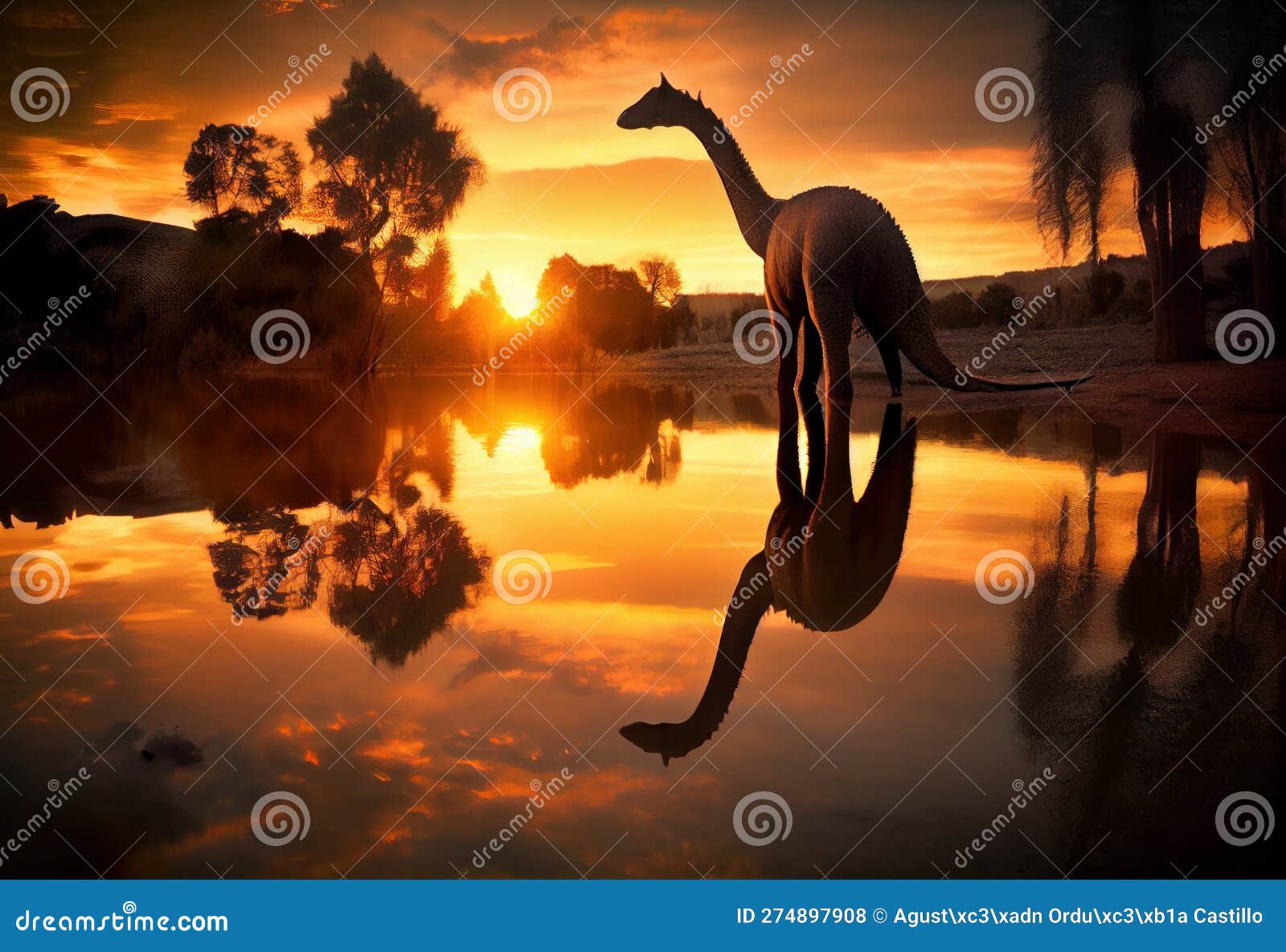 Brachiosaurus Dinosaur at Sunset by the Lake. Stock Illustration ...