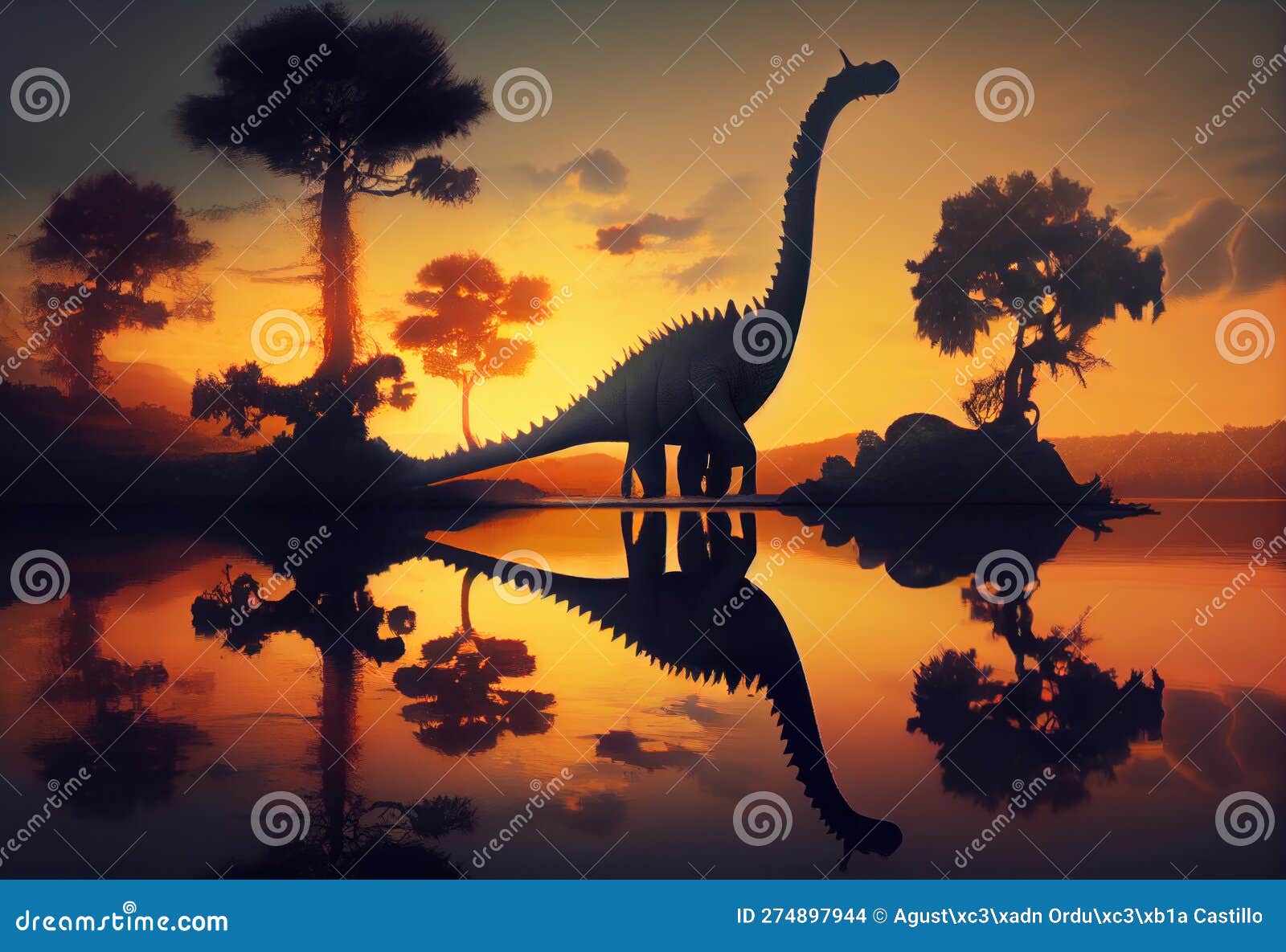 Brachiosaurus Dinosaur at Sunset by the Lake. Stock Illustration ...