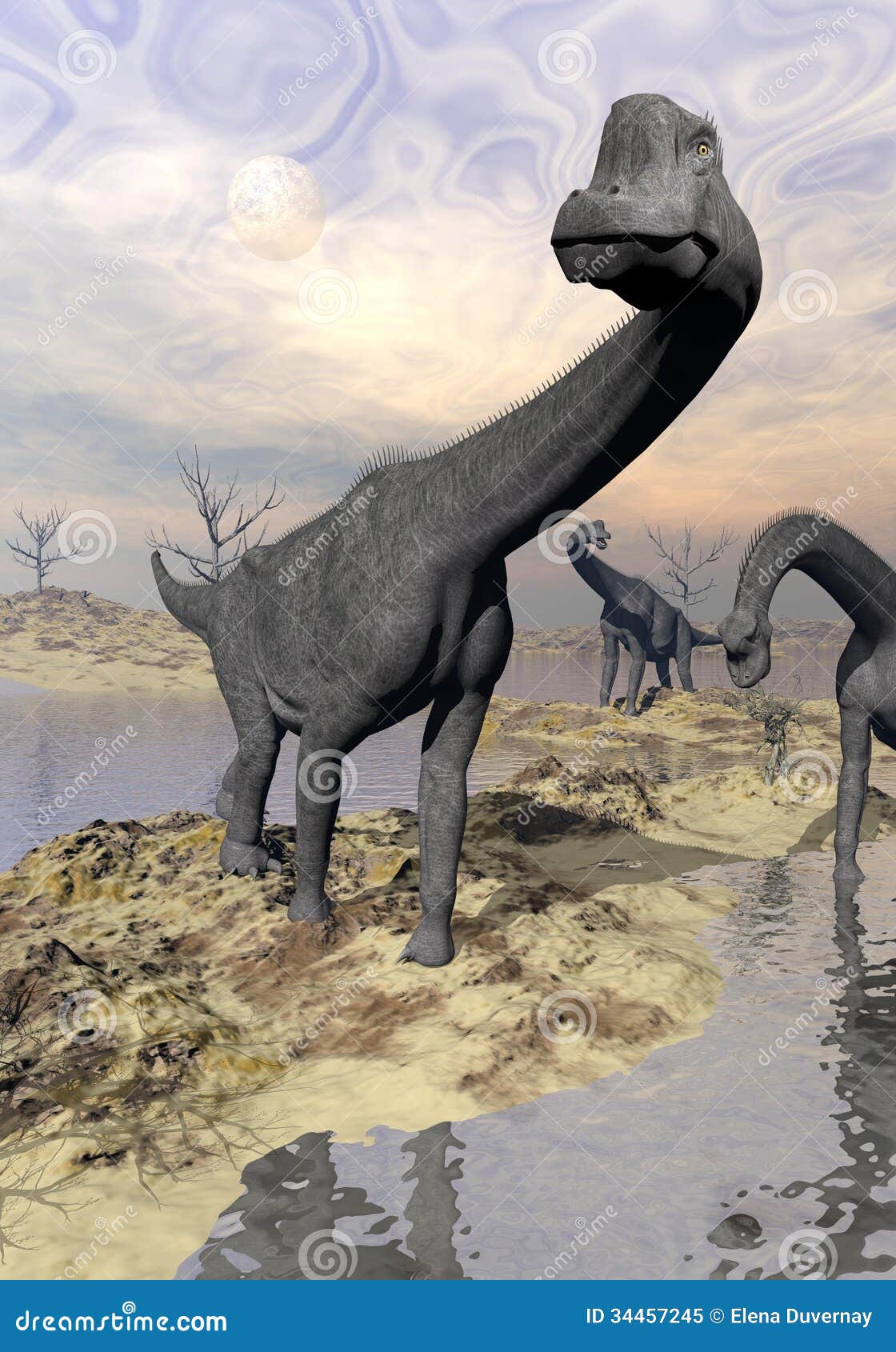 Brachiosaurus Dinosaurs Near Water - 3D Render Stock Illustration ...
