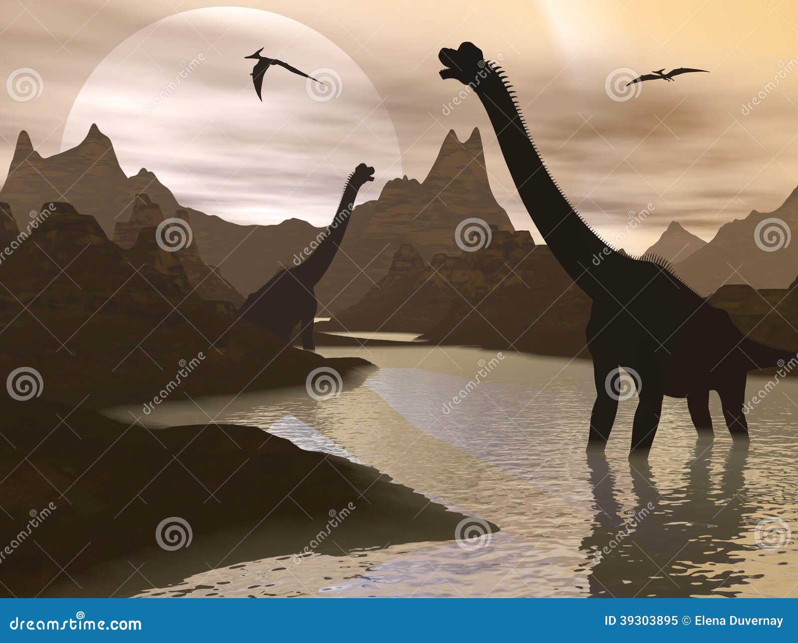 Brachiosaurus Dinosaurs in Water - 3D Render Stock Illustration ...