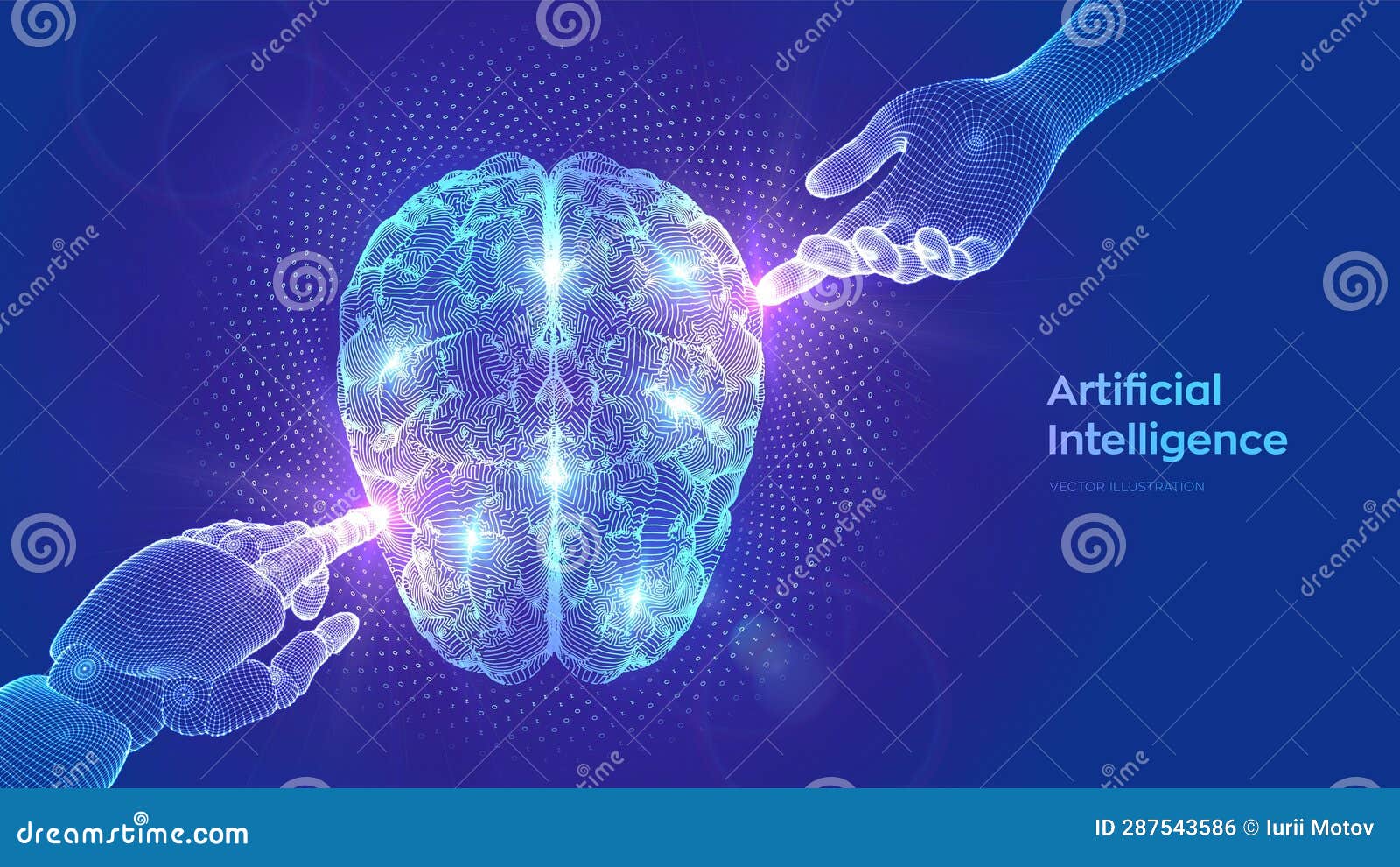 Brain. AI. Artificial Intelligence. Neural Network. Hands of Robot and Human Touching Digital ...