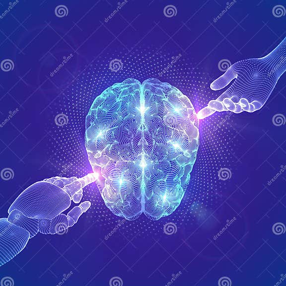 Brain. AI. Artificial Intelligence. Neural Network. Hands of Robot and Human Touching Digital ...