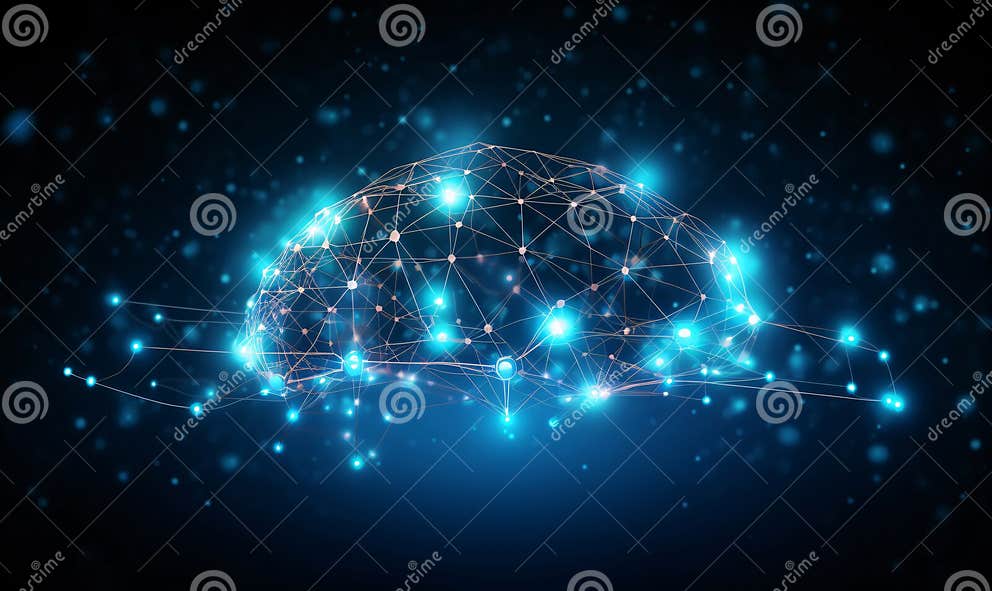 The Brain of an Android. Polygonal Image on Blue Neon Background. Low ...