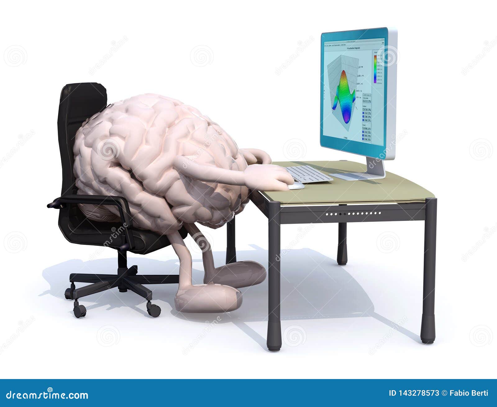 Brain Work on Desk with Computer Stock Illustration - Illustration of ...