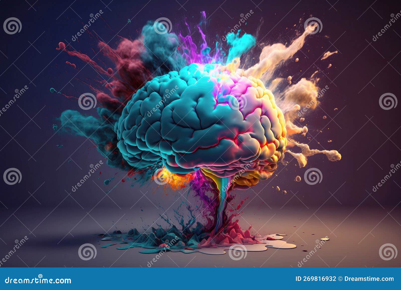Brain Blast, Neon Glowing Brain With Lightning Bolts Against A Black ...