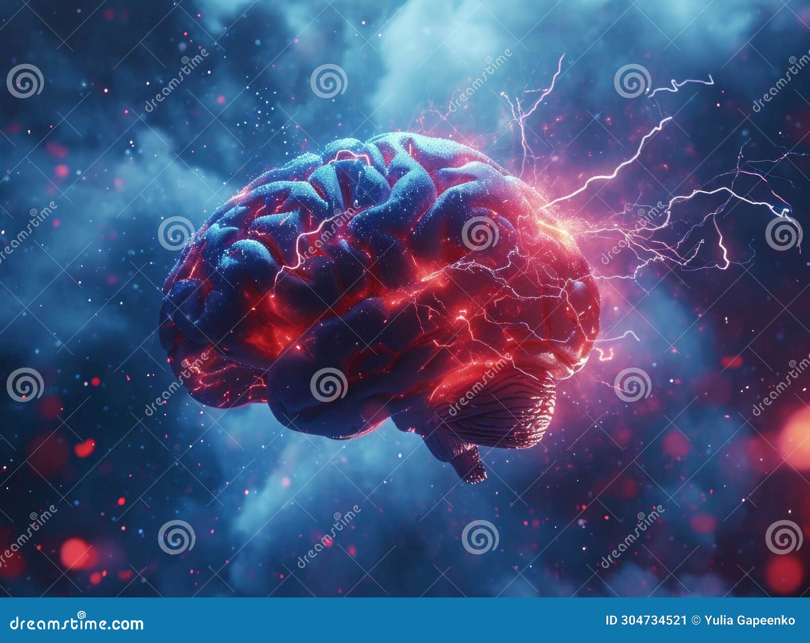 Brain on Blue Background with Lightning Stock Image - Image of ...