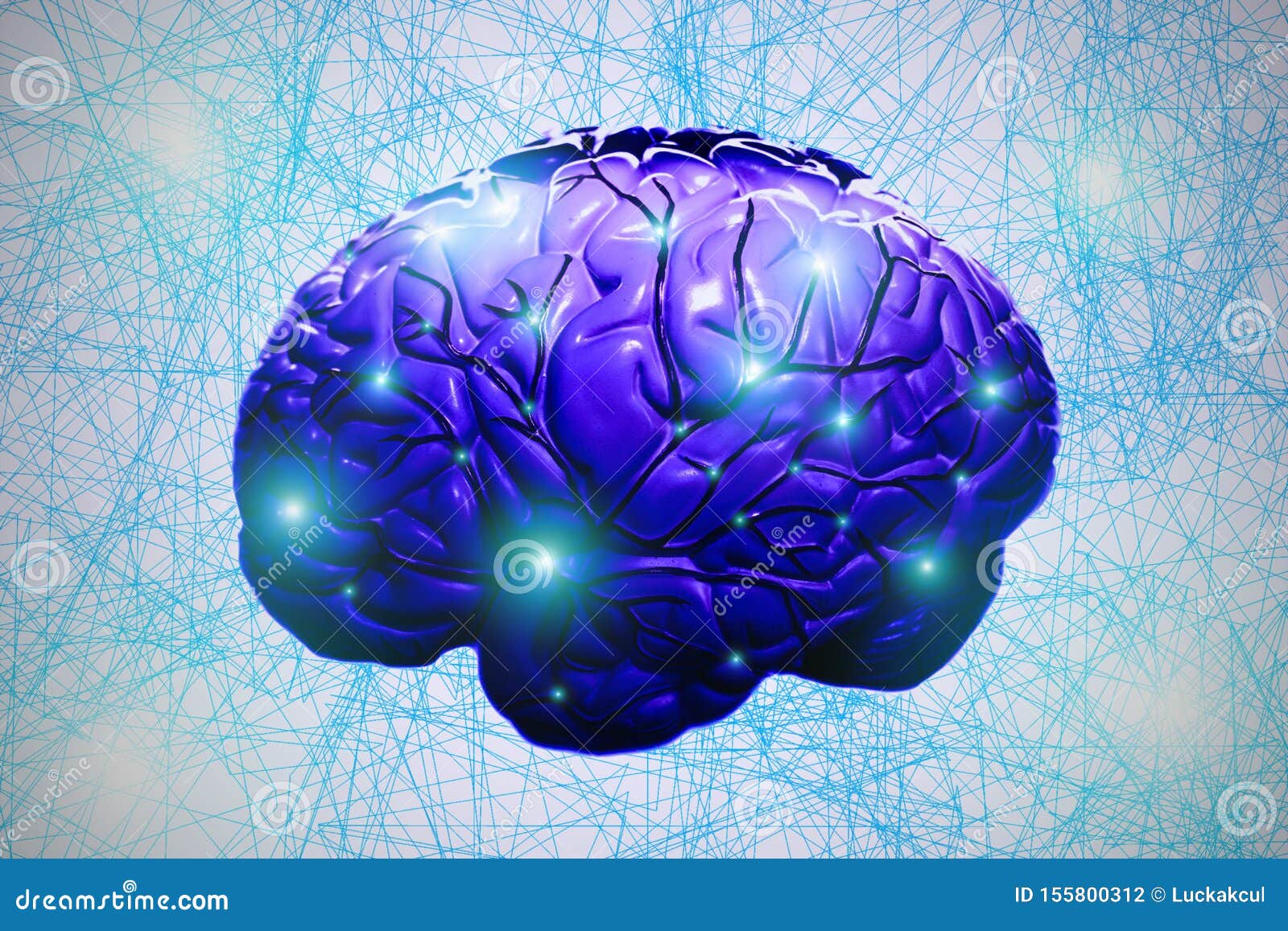 Brain in Blue Tones with Glowing Neurons in a Tangle of Blue Lines ...