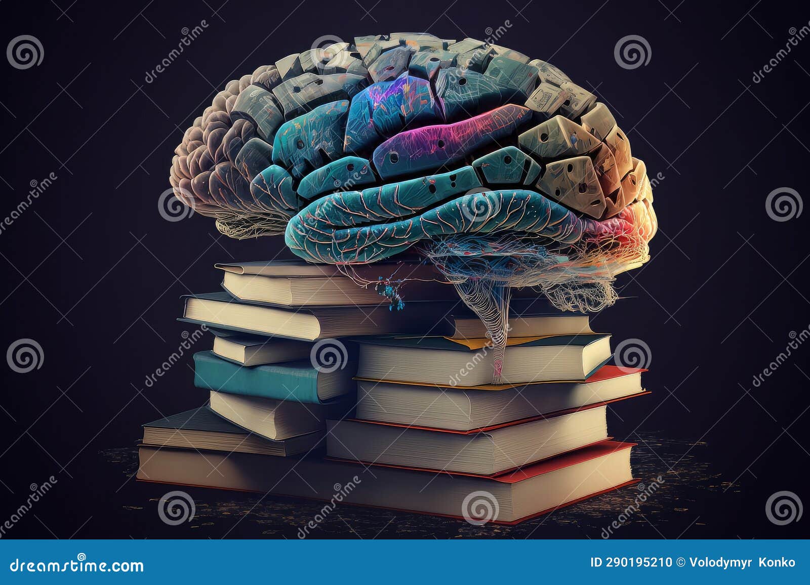 Brain with Books and Book on Black Background. Generative Ai Stock ...