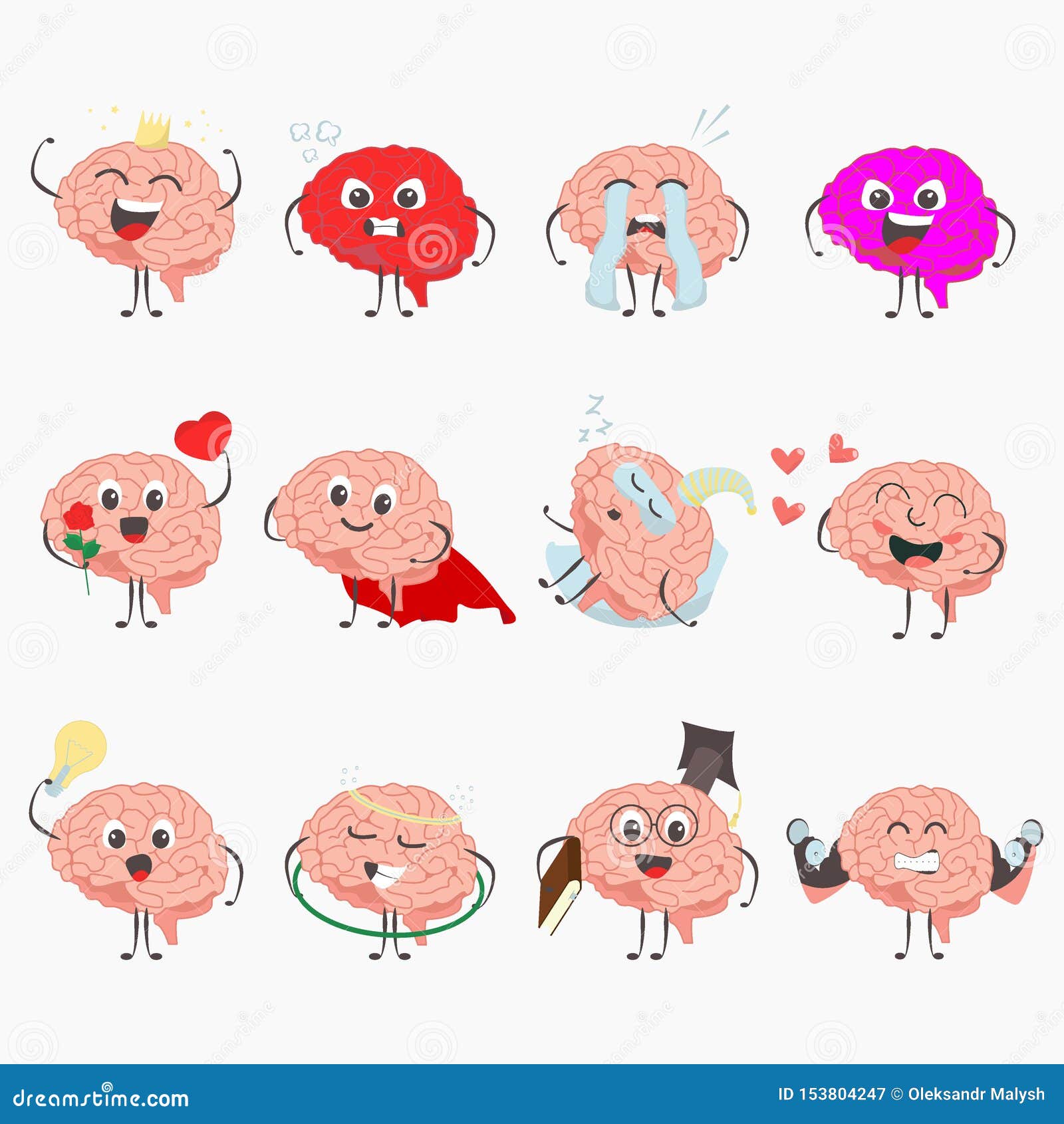 Brain Cartoon Characters Making Sport Exercises and Different ...