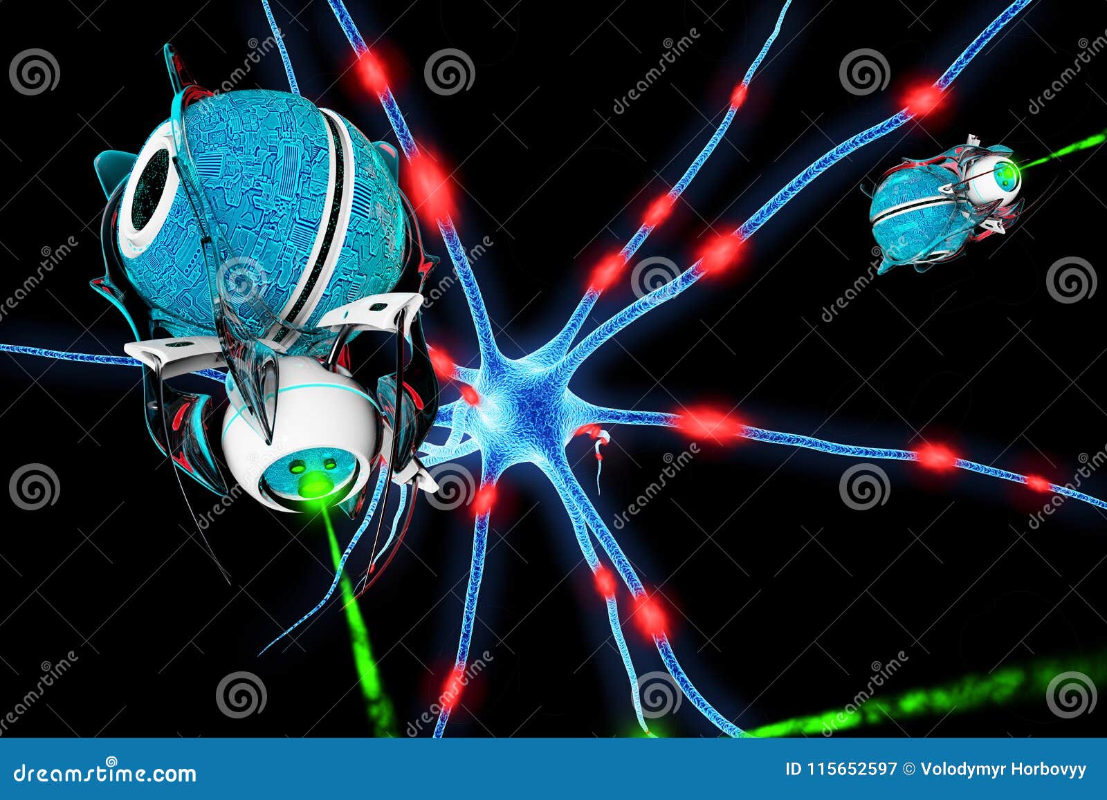 Brain Cell and Nanorbots. 3D Render Stock Illustration - Illustration ...