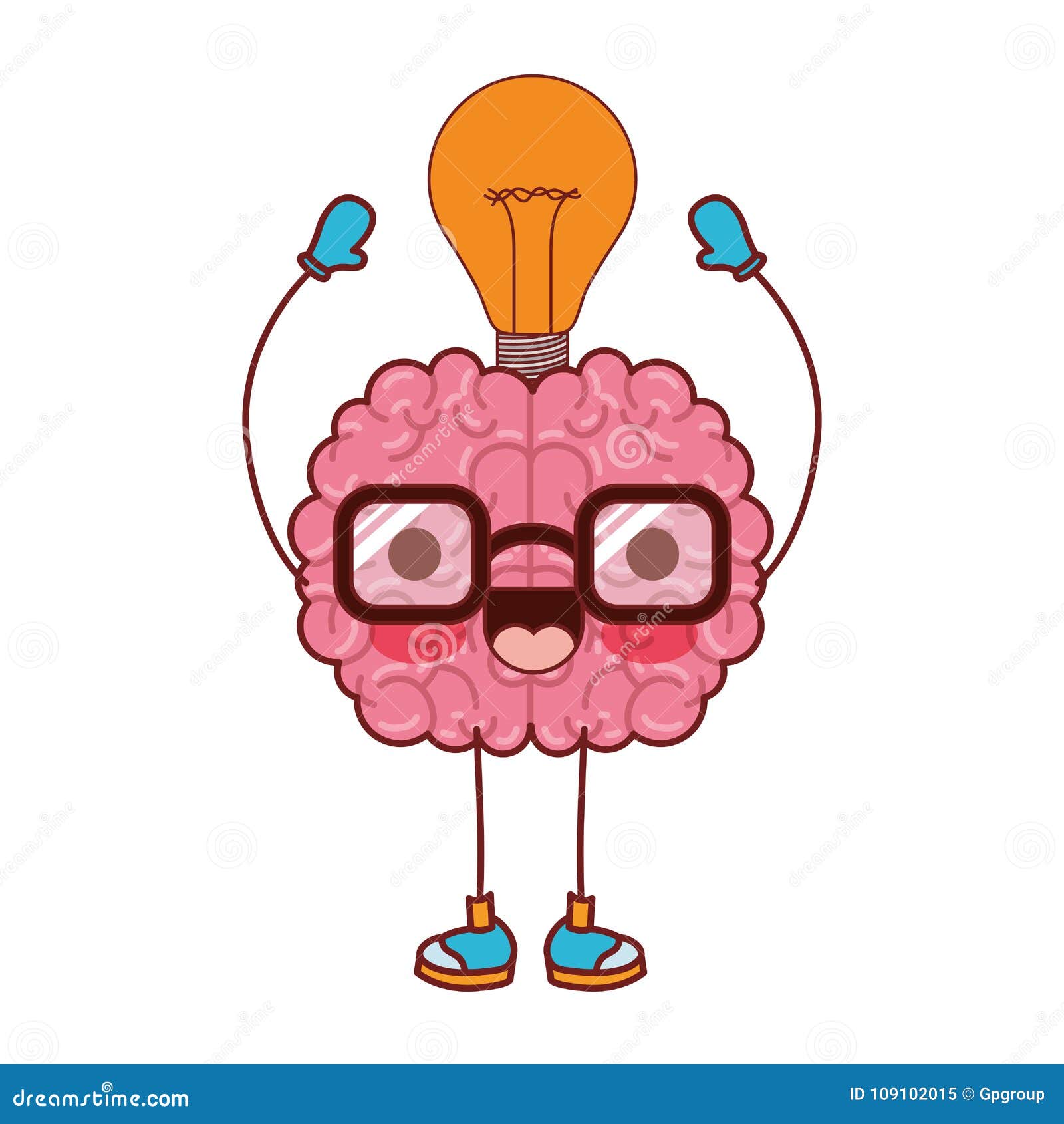 Brain Cartoon with Glasses and Light Bulb on Top with Smiling ...