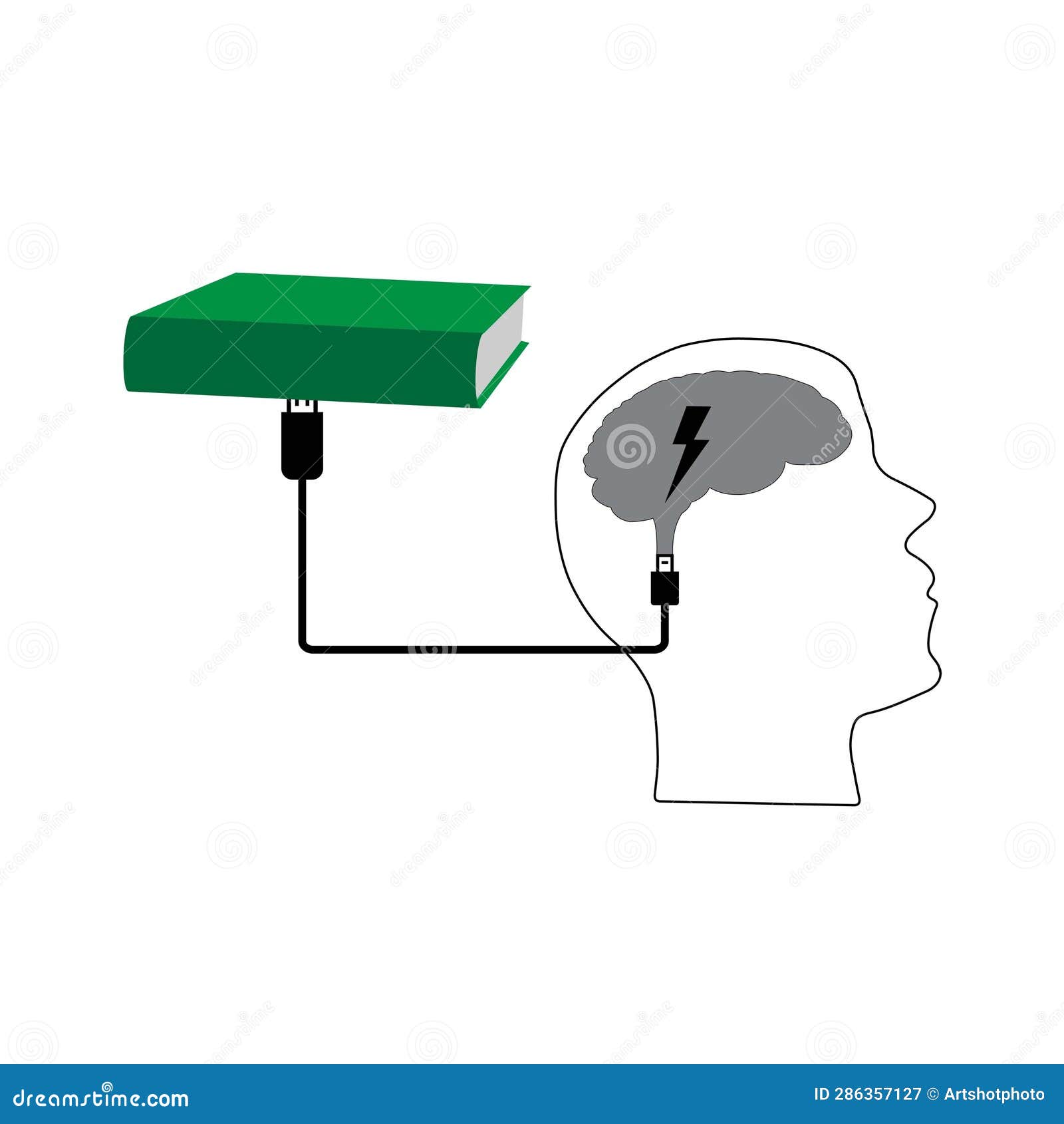 Human Head with Brain Charging from a Book Stock Vector - Illustration ...