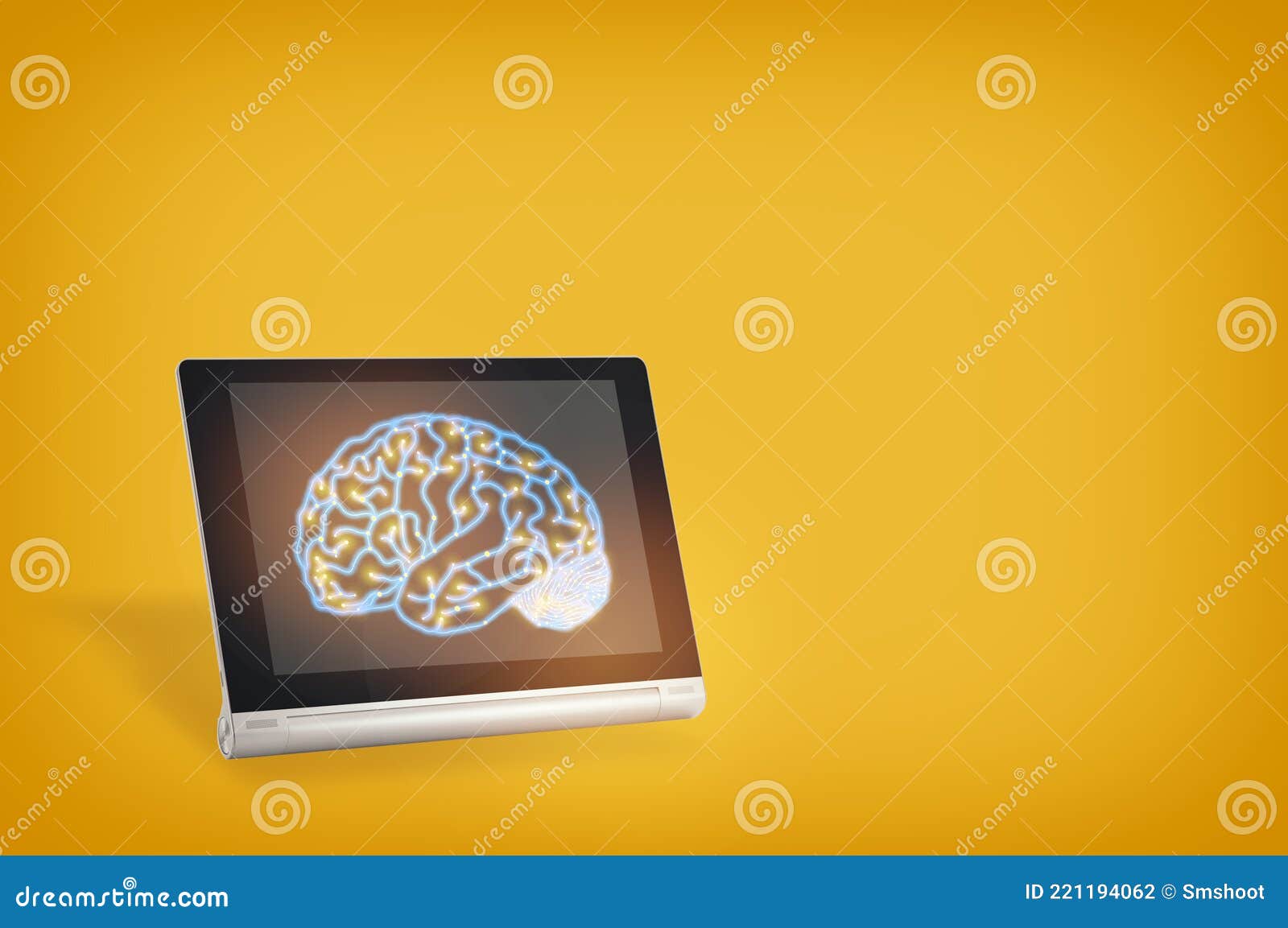 Brain on Computer Digital Tablet on Yellow Background Stock ...