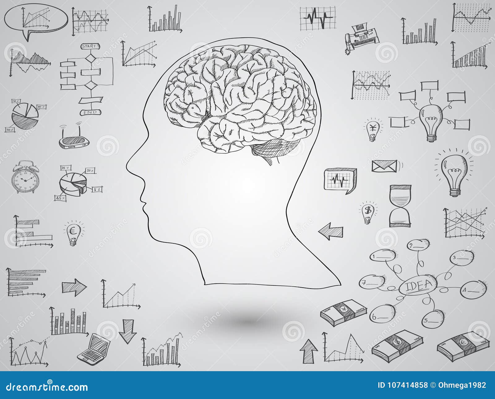 Brain Concept with Creative Doodle Graph and Chart. Stock Vector ...