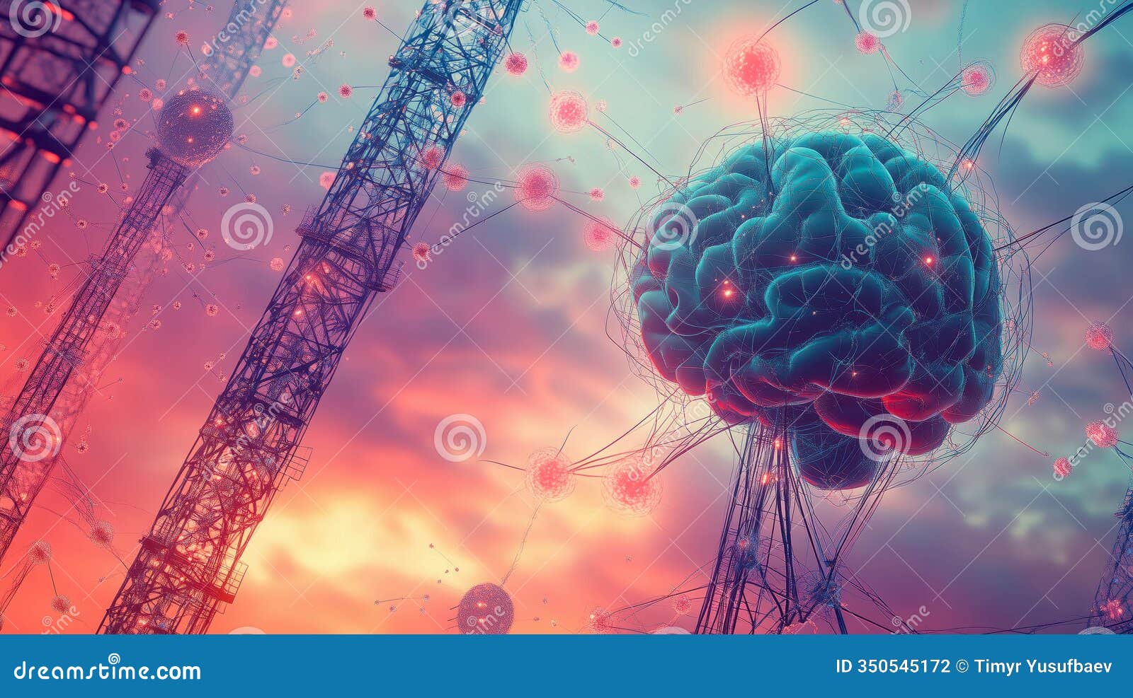 Brain Connecting with Telecommunication Towers at Sunset: Artificial ...