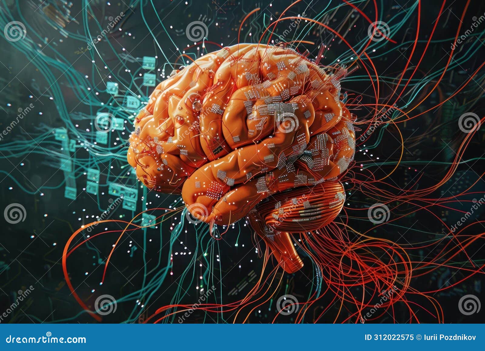 3D Rendering of an Orange Brain with Circuit Board Pattern and Binary ...