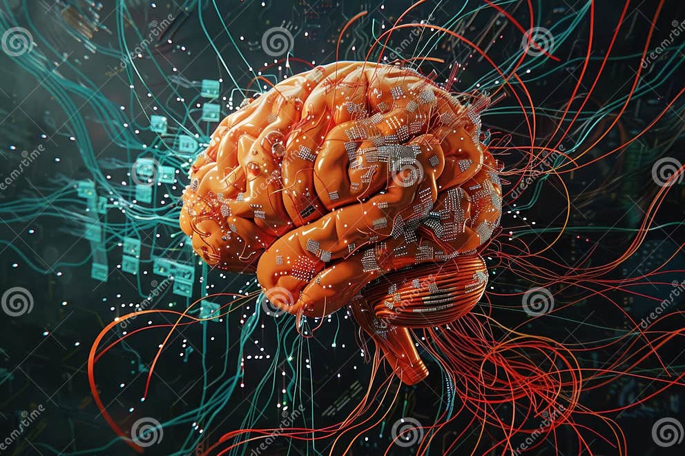3D Rendering of an Orange Brain with Circuit Board Pattern and Binary ...