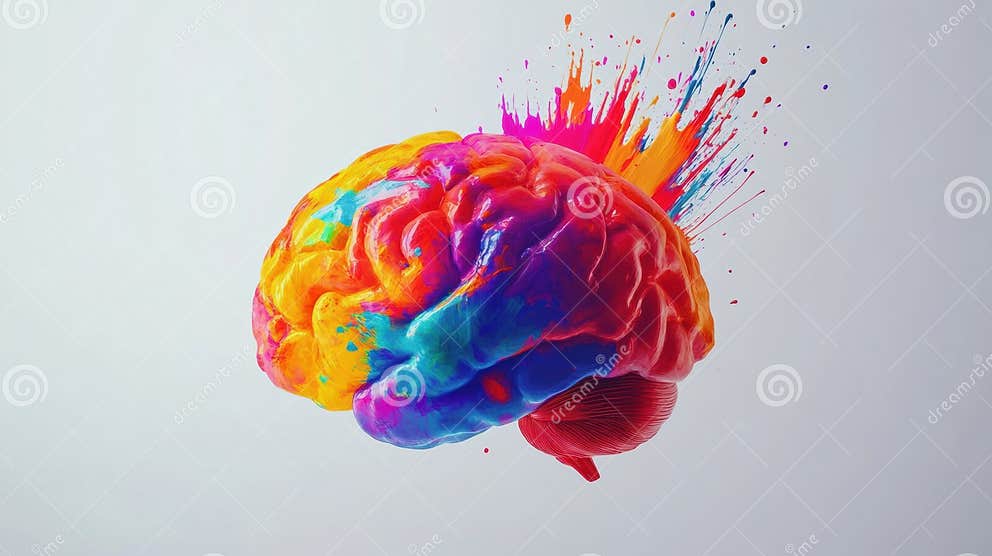 A Brain Covered in Vibrant Paint Splatters Displays an Artistic ...