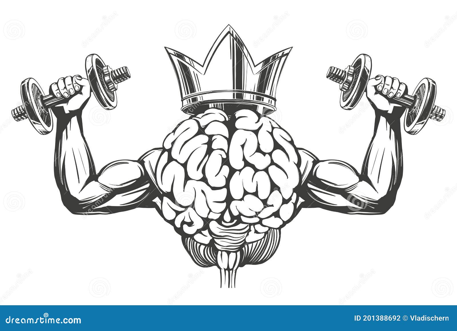 Brain and Crown with Strong Hands, Brain Training, Icon Cartoon Hand ...