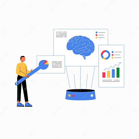 Brain Data Analysis with Male Specialist in Flat Vector Illustration ...