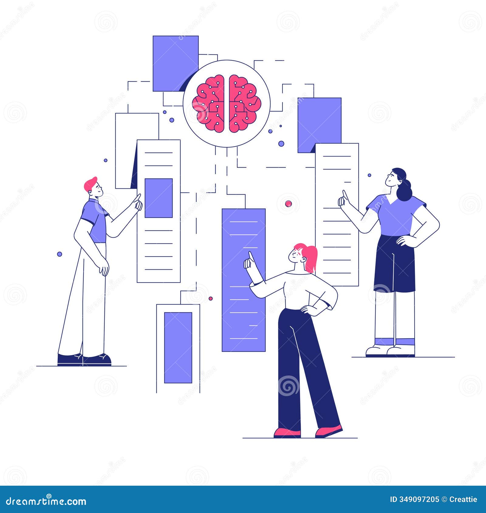 Brain and Data Workflow with Characters in Flat Vector Illustration ...