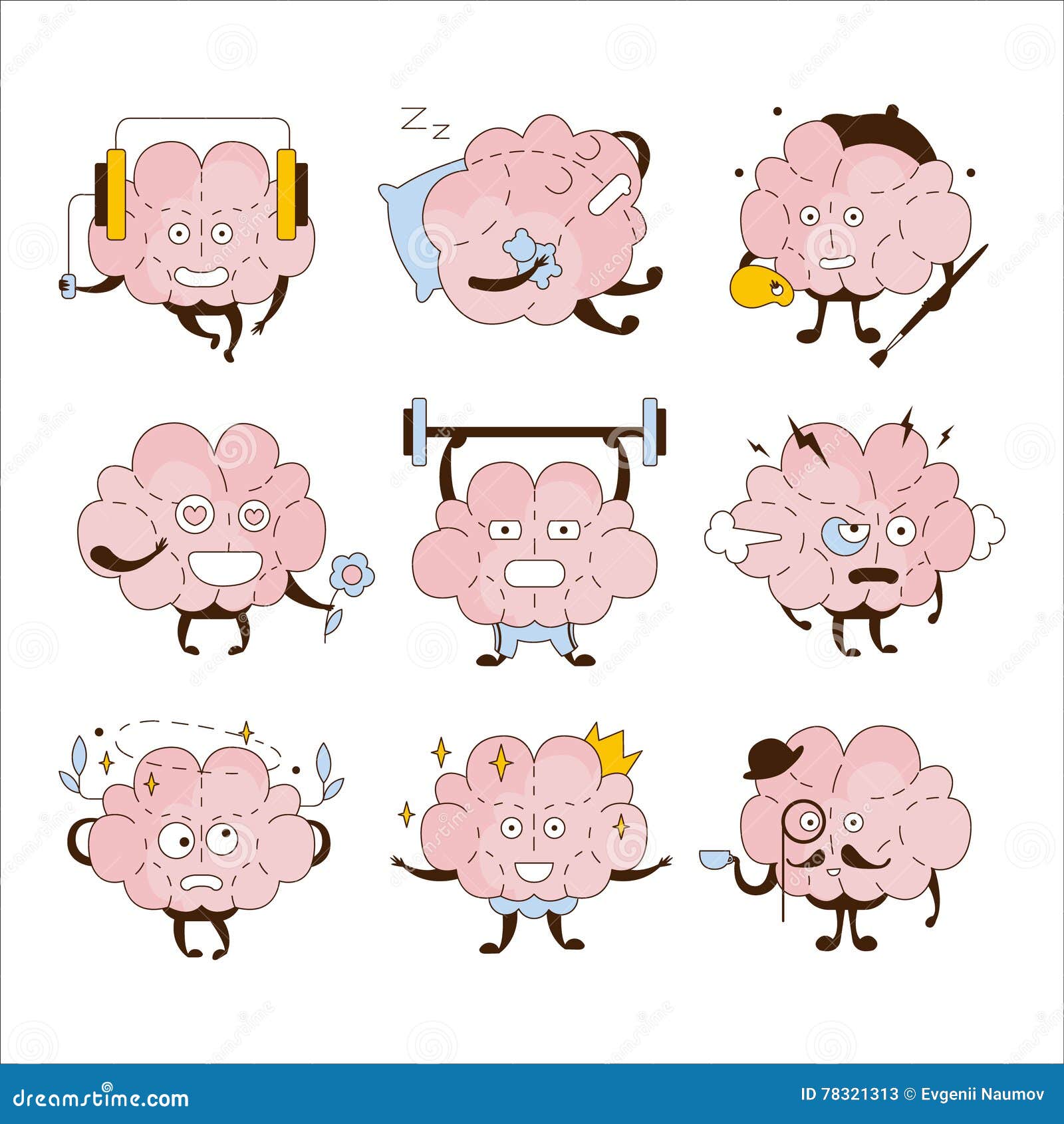 Brain Different Activities and Emoticons Icon Set Stock Vector ...