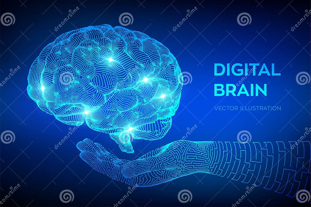 Brain. Digital Brain in Hand. 3D Science and Technology Concept. Neural ...