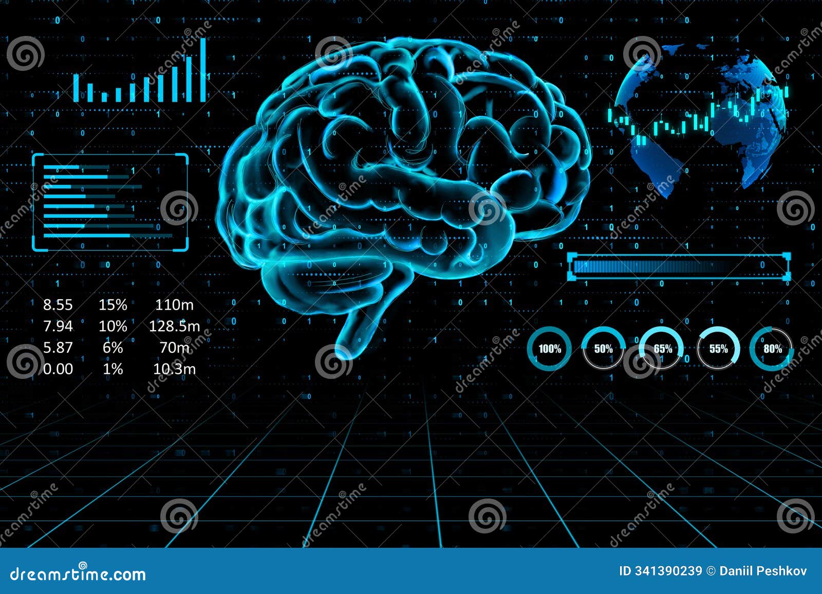 Brain Efficiency Concept with Digital Blue Human Brain Side View on ...