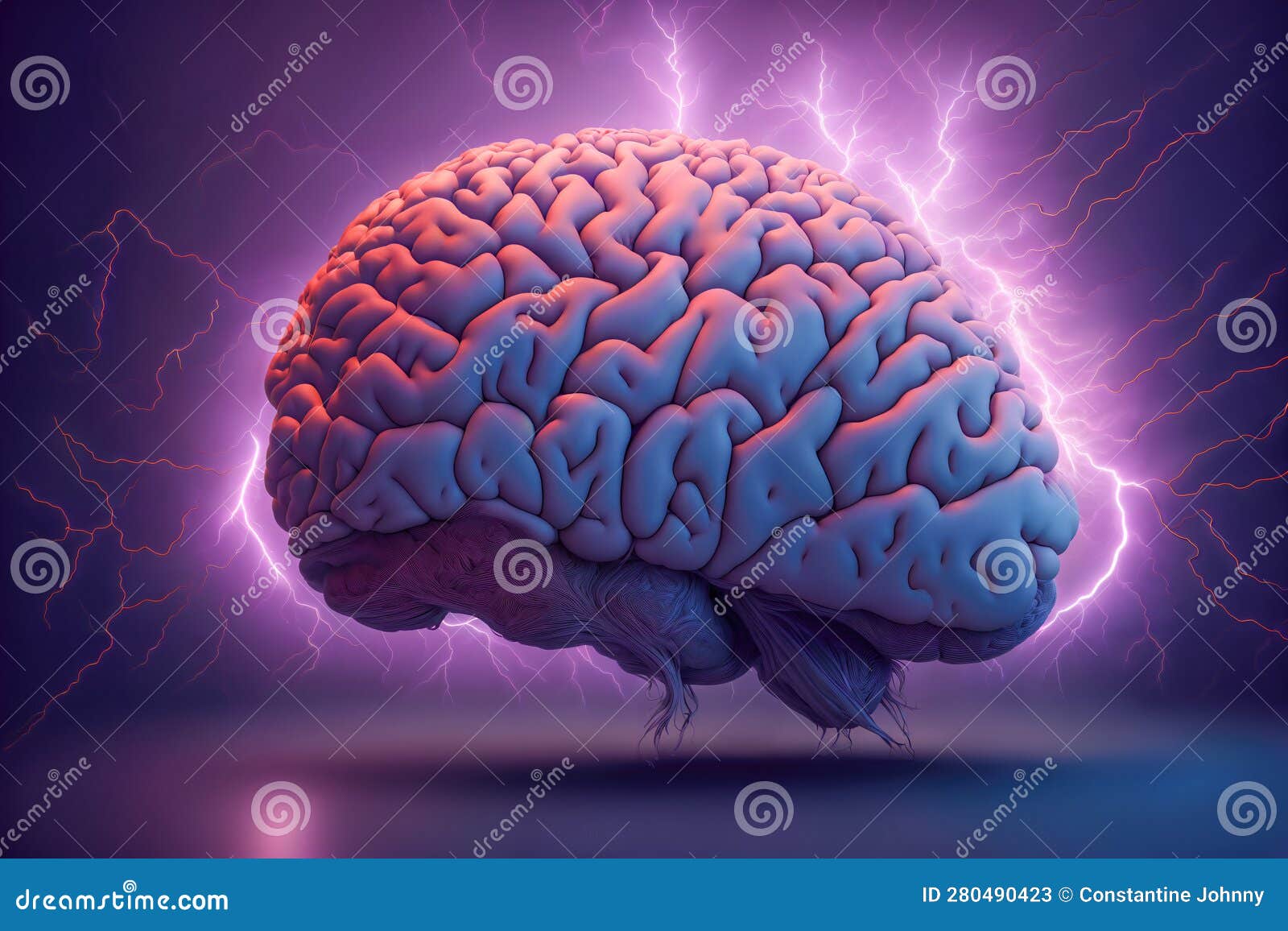 Brain with Electrical Discharges and Flash of Lightening. Created with ...