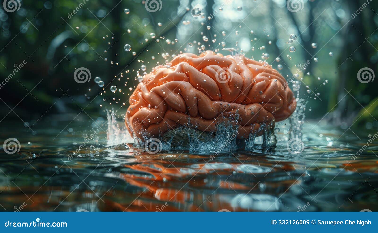 Brain Emerging from Water in a Mystical Forest Setting with Water ...