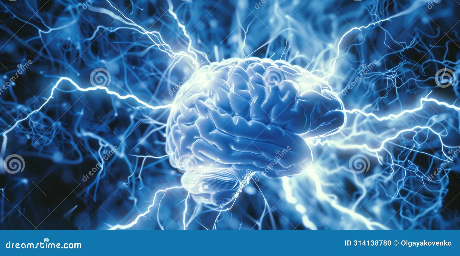 The Brain Emits Electrical Lightning on a Dark Blue Background. Brain ...