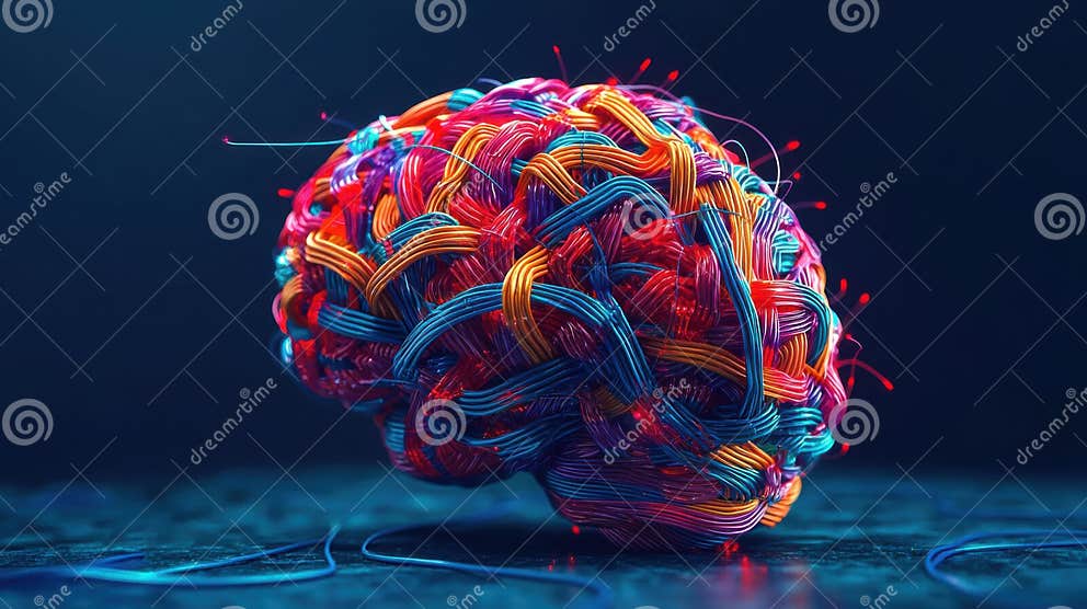 Brain Rot Concept. a Brain Entangled in Colorful Wires. Generative AI ...