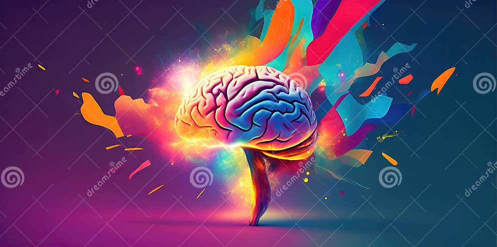 A Brain that is Exploding with Ideas and Colors on Dark Background ...