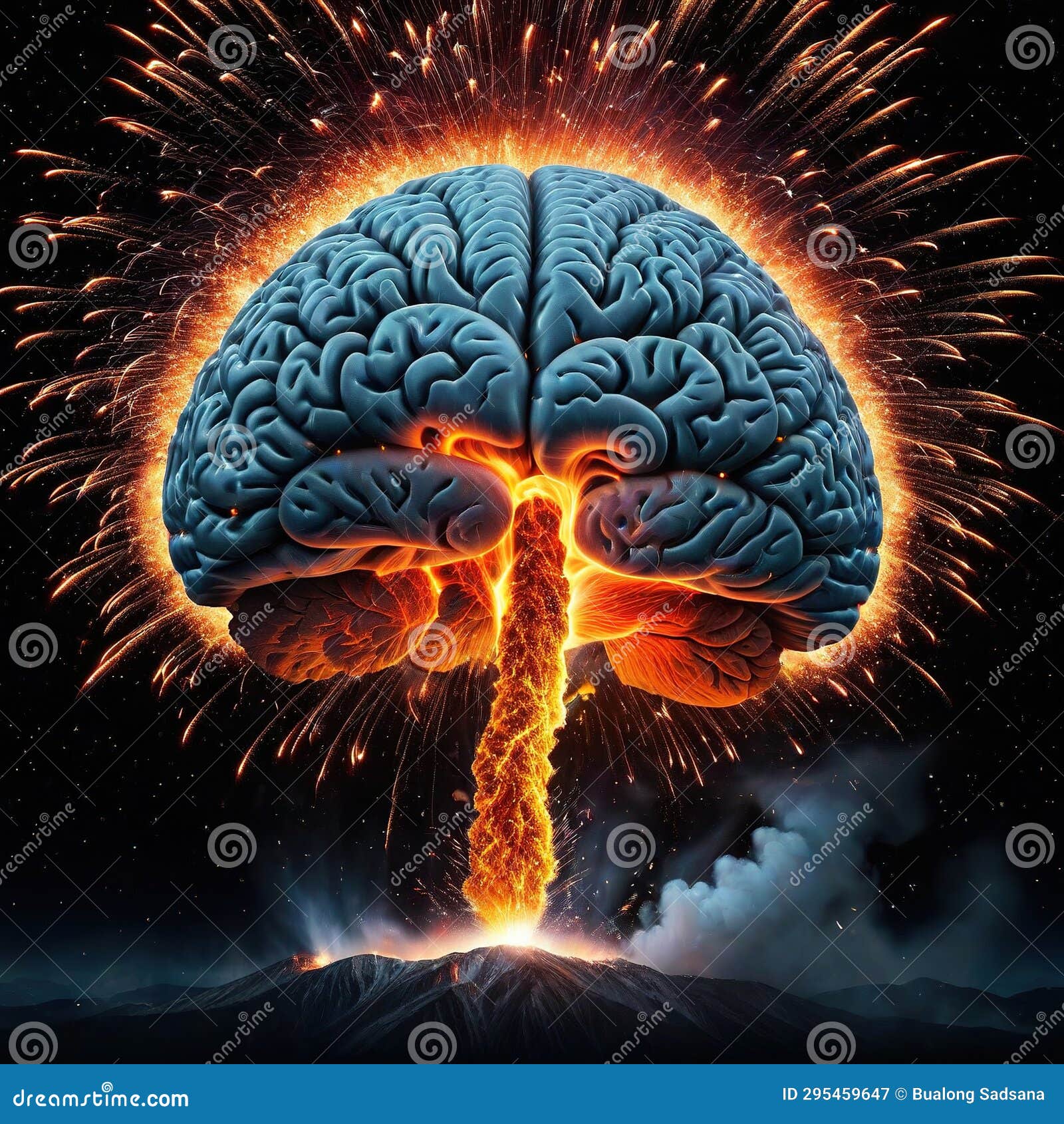 A Brain Exploding with a Lot of Fire and Sparks in the Middle of with a ...