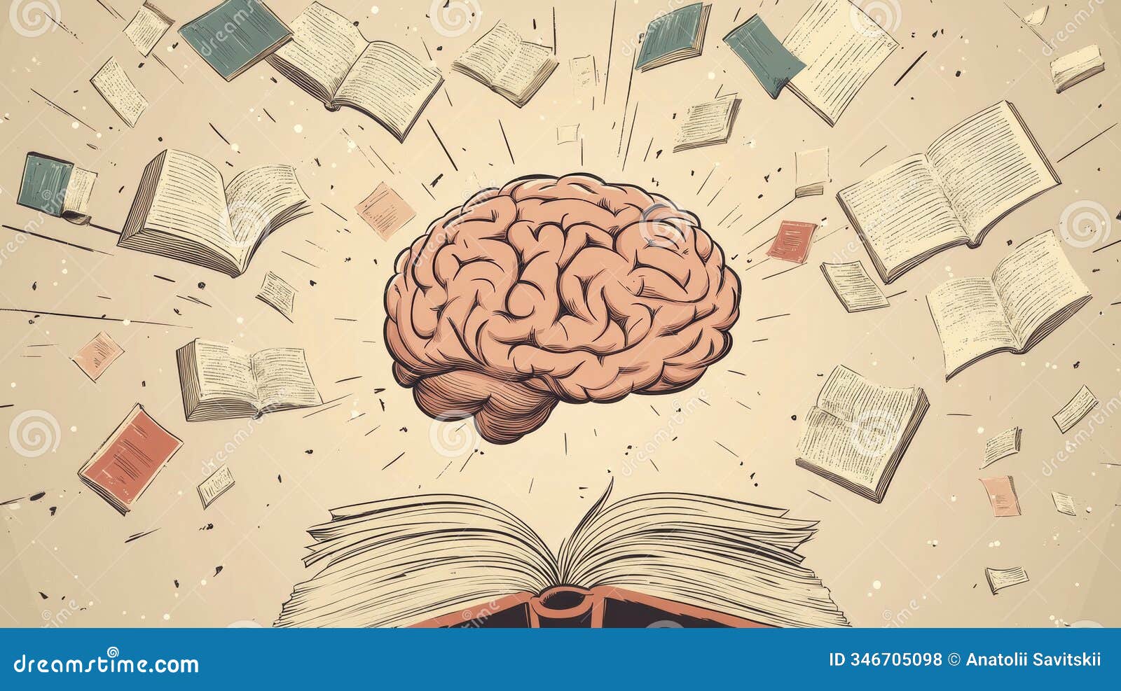 A Brain Floats Above an Open Book while Pages Fly Around, Illustrating ...