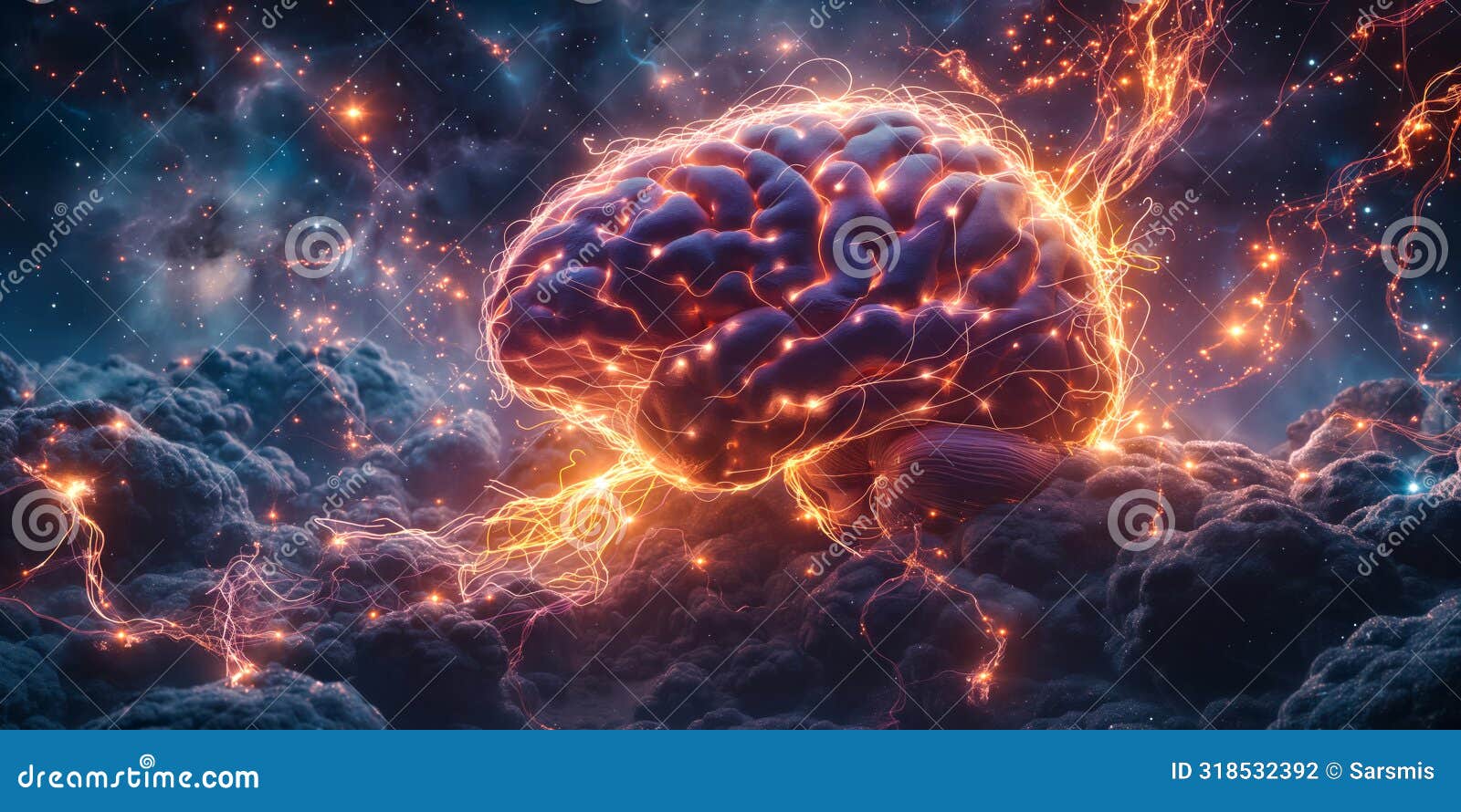 A Brain Floats in the Galactic Ether, Encircled by Light, Illustrating ...