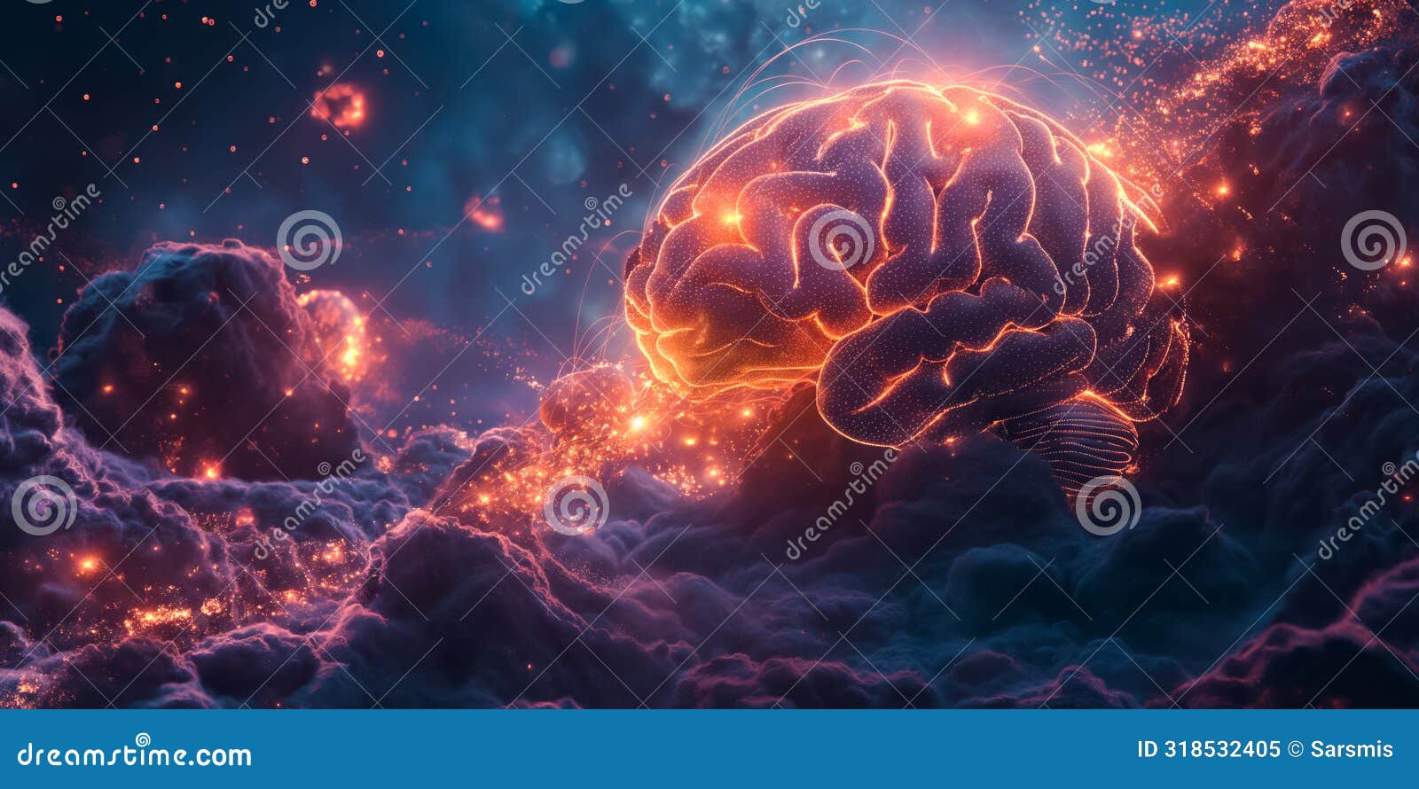 A Brain Floats in the Galactic Ether, Encircled by Light, Illustrating ...