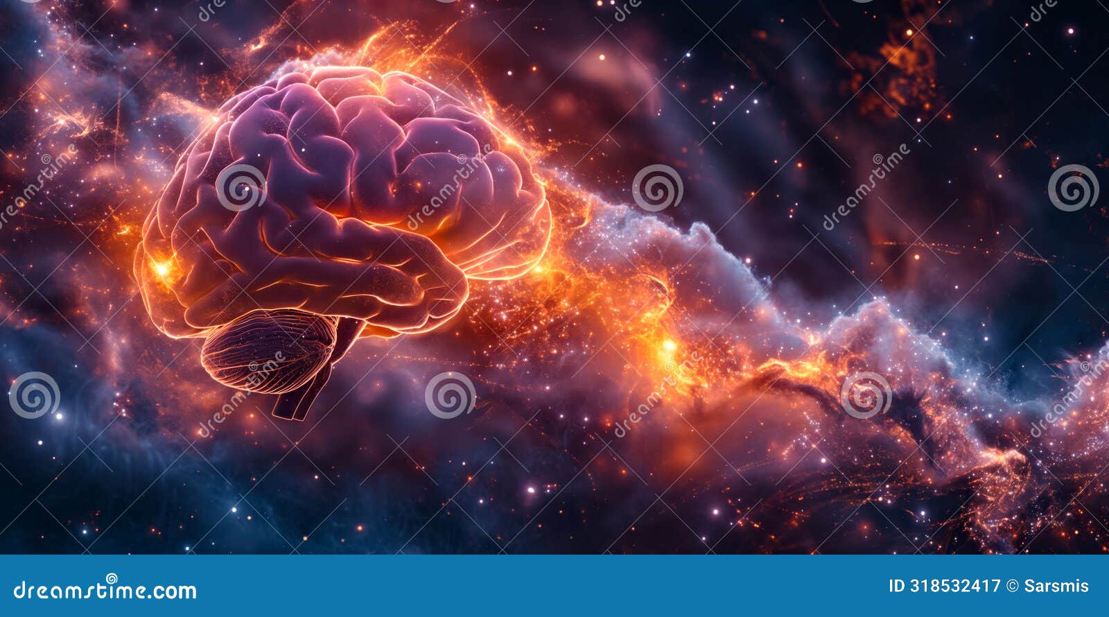 A Brain Floats in the Galactic Ether, Encircled by Light, Illustrating ...