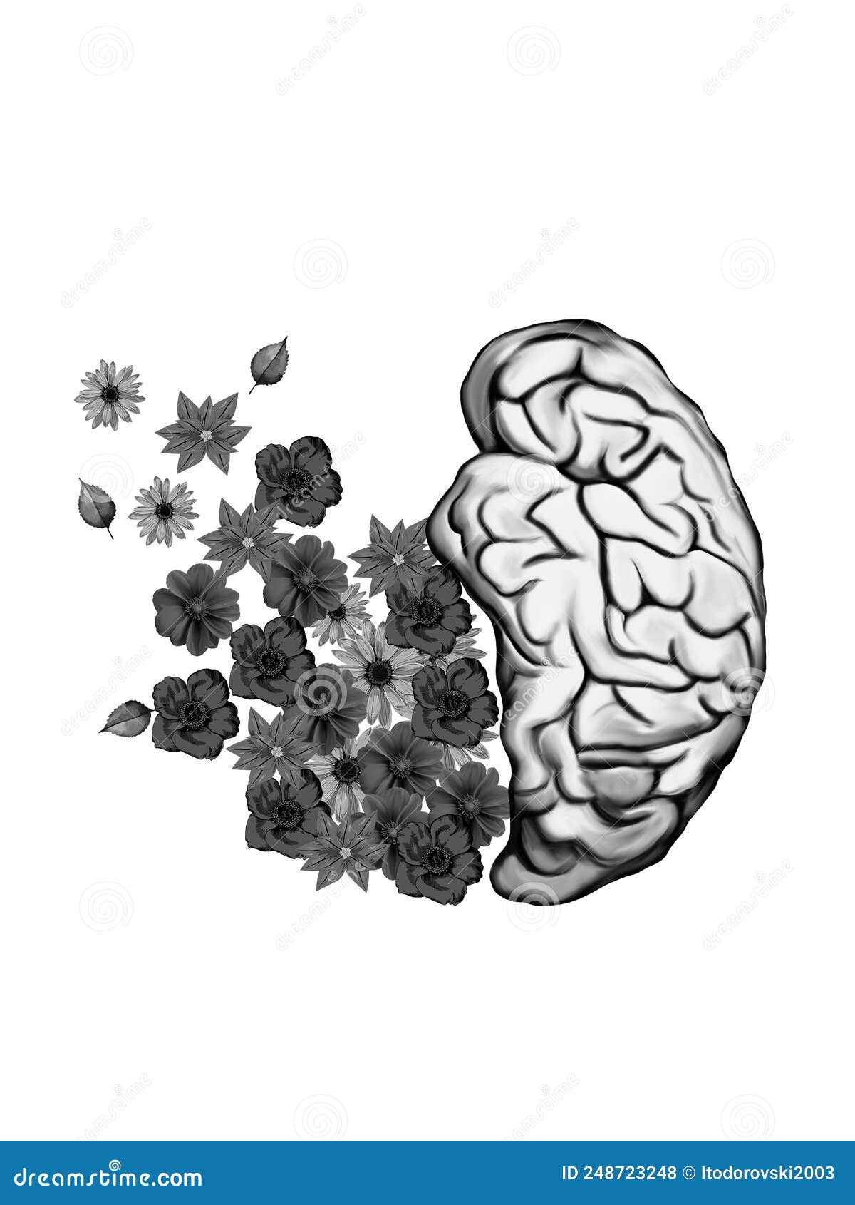Brain with flowers stock illustration. Illustration of black - 248723248