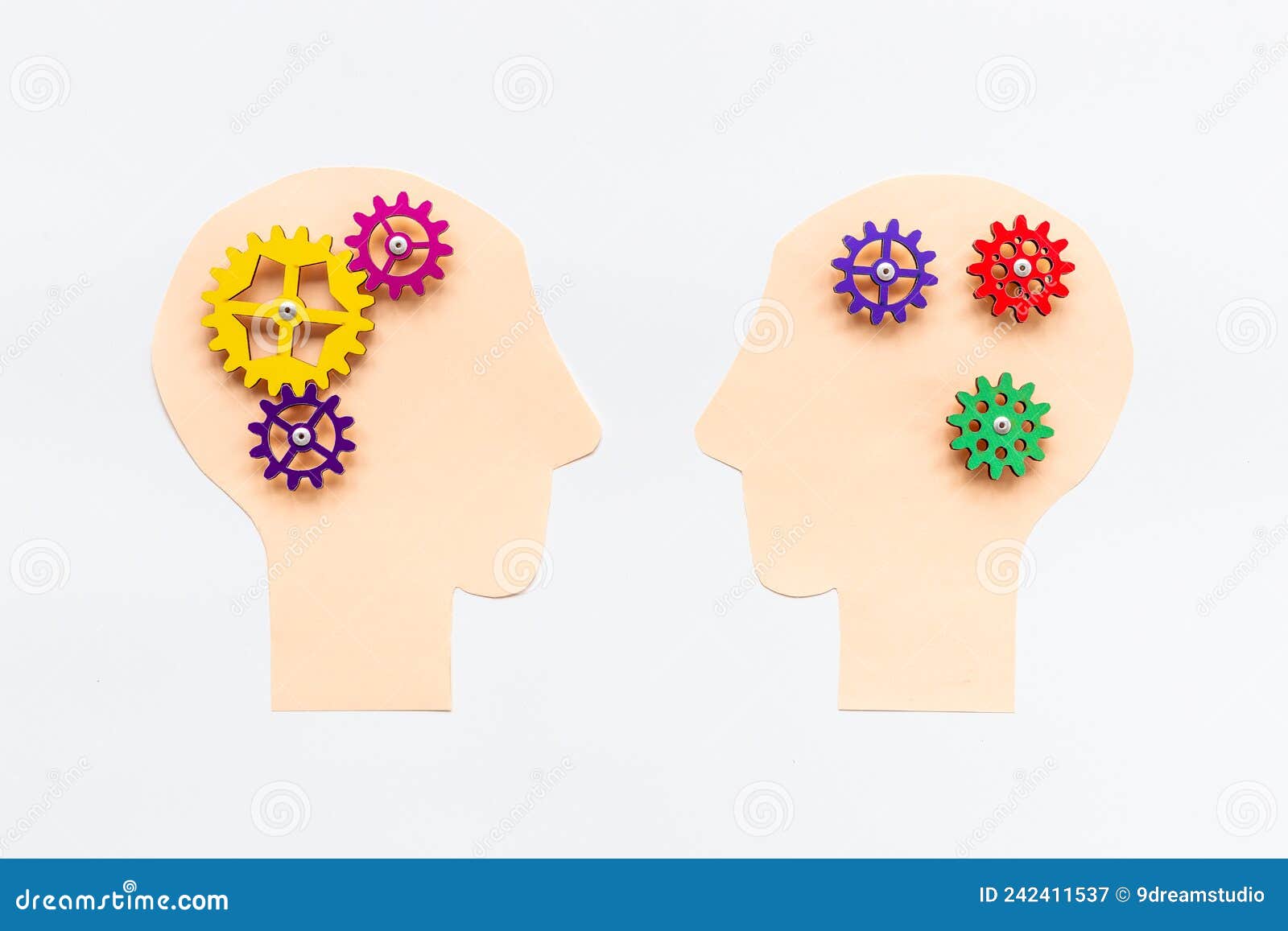 Brain Gears on Two Human Heads. Mind Work. Brain Chaos and Mind Peace ...