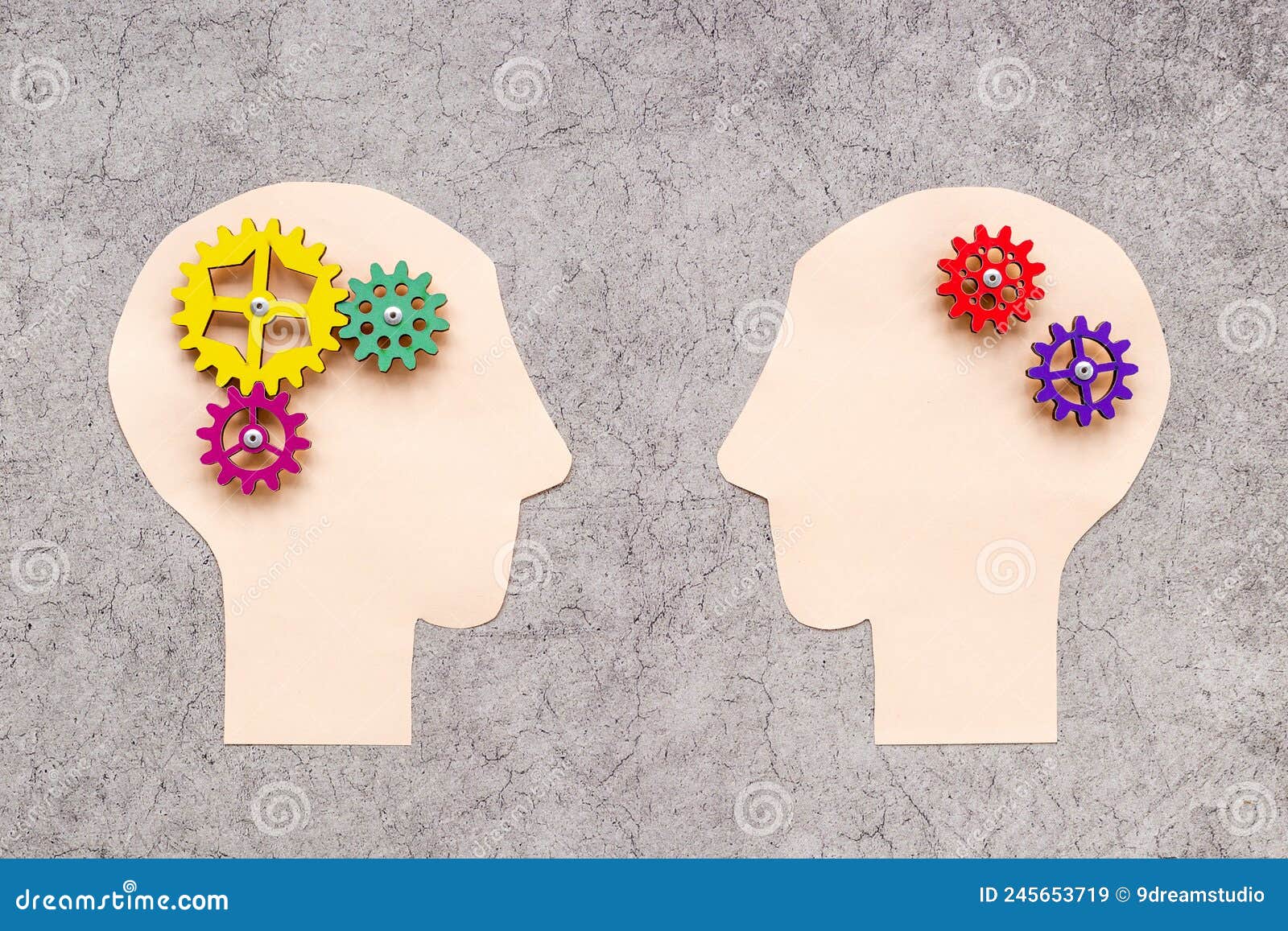 Brain Gears on Two Human Heads. Mind Work. Brain Chaos and Mind Peace ...