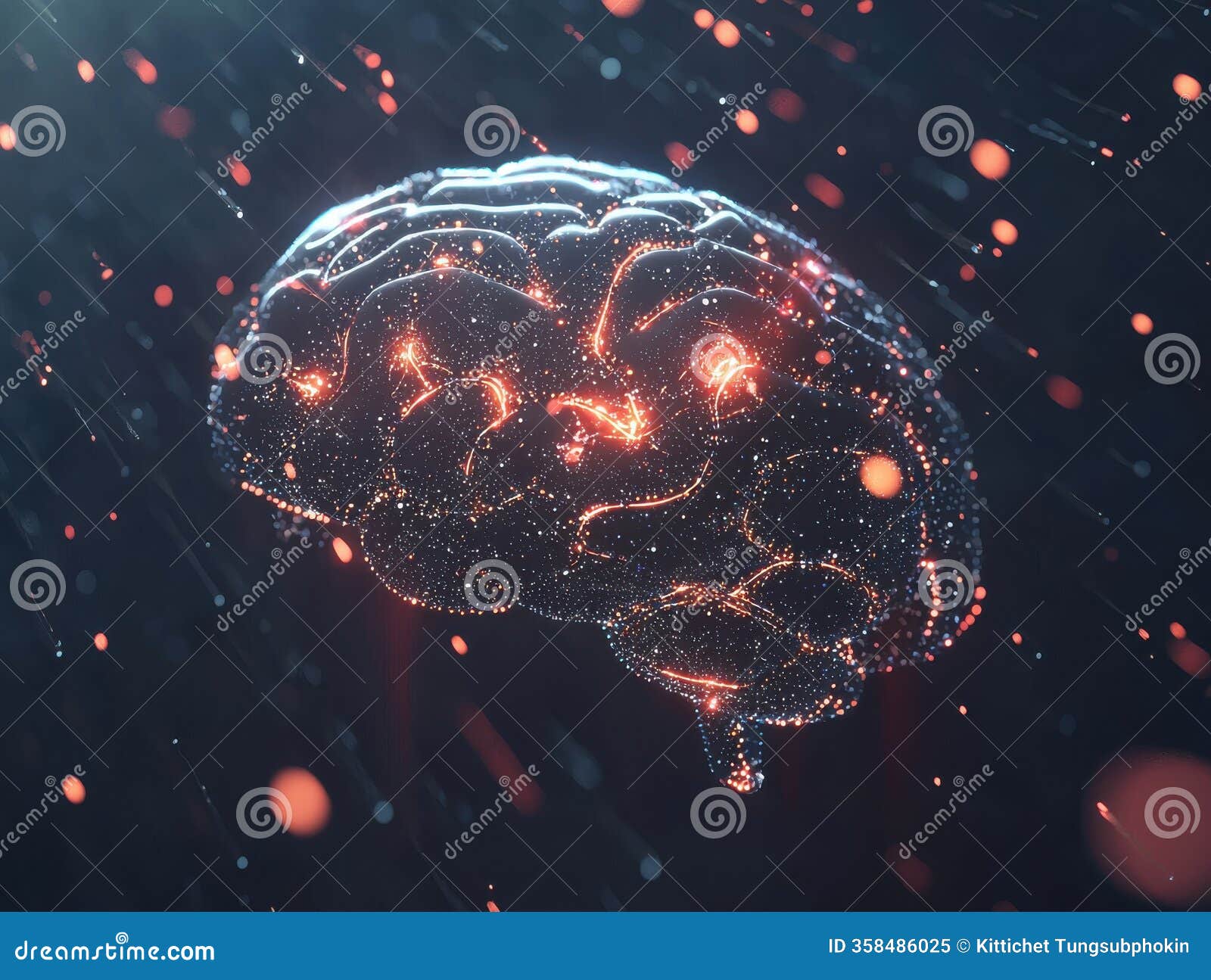 Brain with Glowing Lights on Black Background Representing Intelligence ...